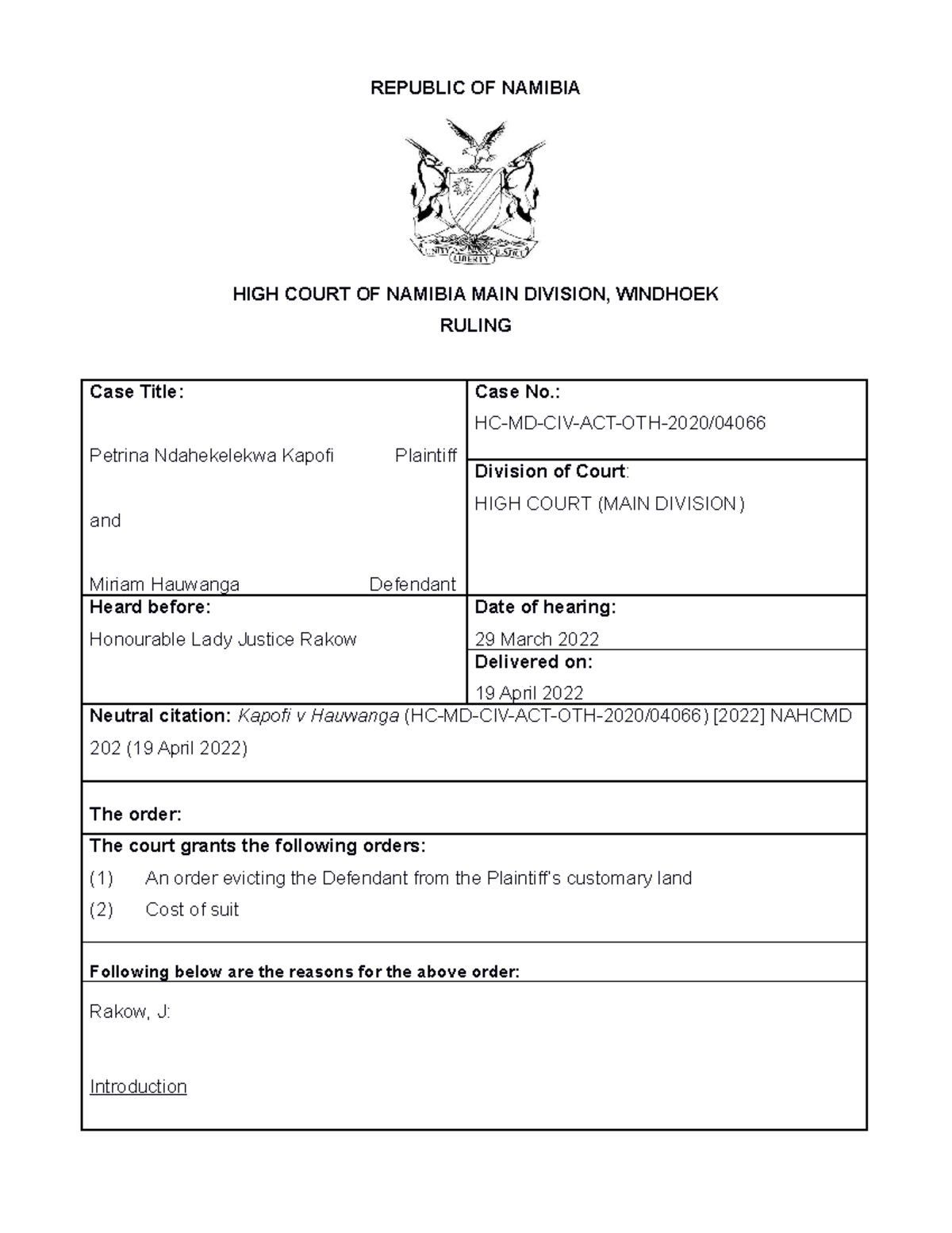 Kapofi v Hauwanga (HC-MD-CIV-ACT-OTH-2020-04066) [2022] Nahcmd 202 (19 ...