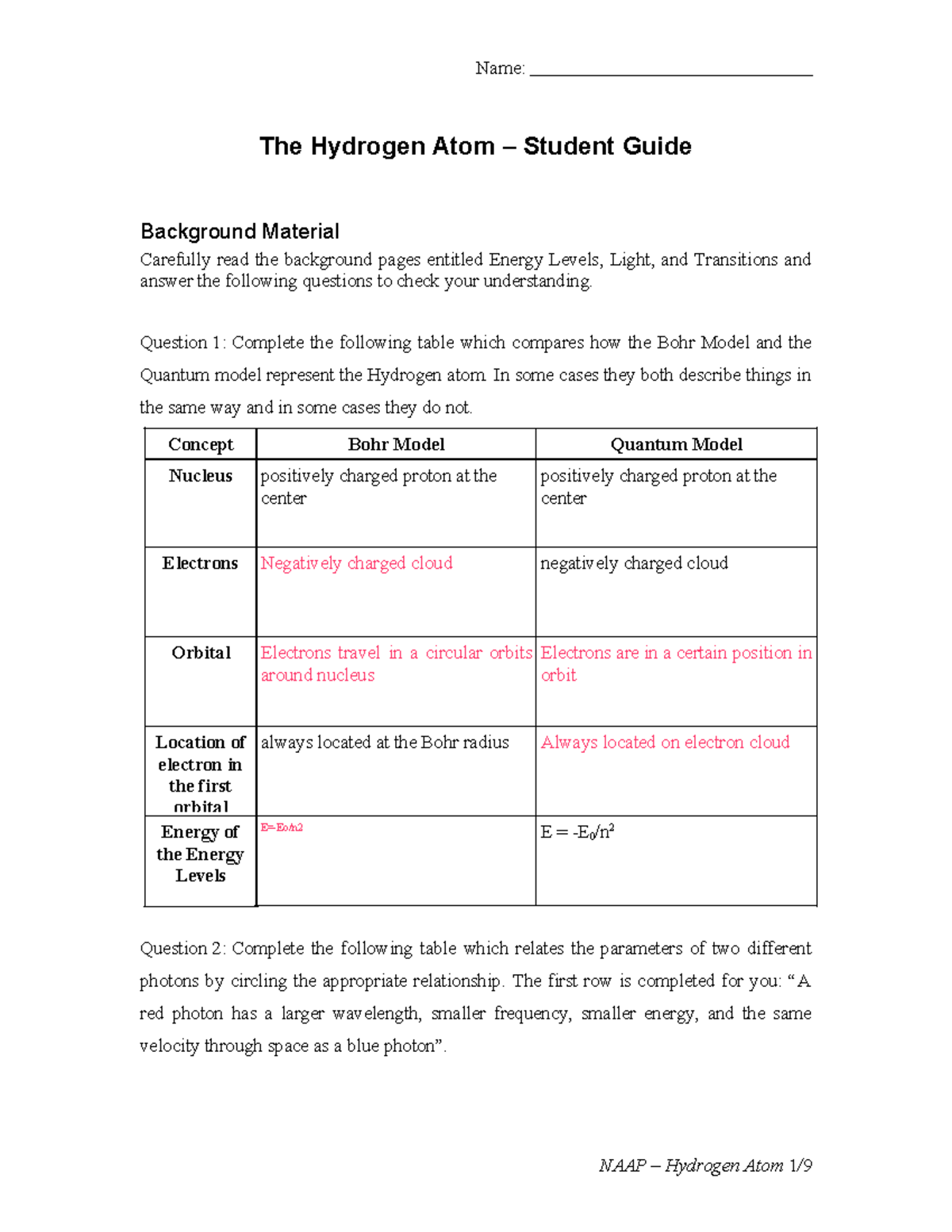 Lab 6 Hydrogen Energy Levels 2 - Name: The Hydrogen Atom – Student ...
