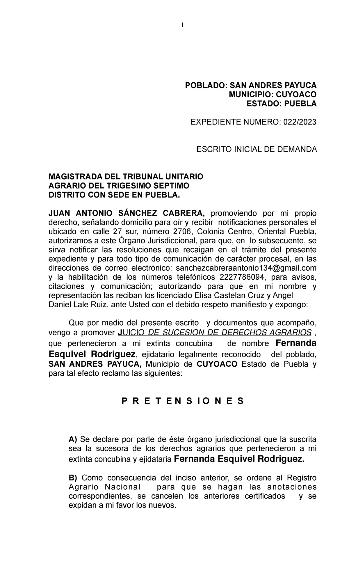 Demanda EN Materia Agraria - POBLADO: SAN ANDRES PAYUCA MUNICIPIO ...