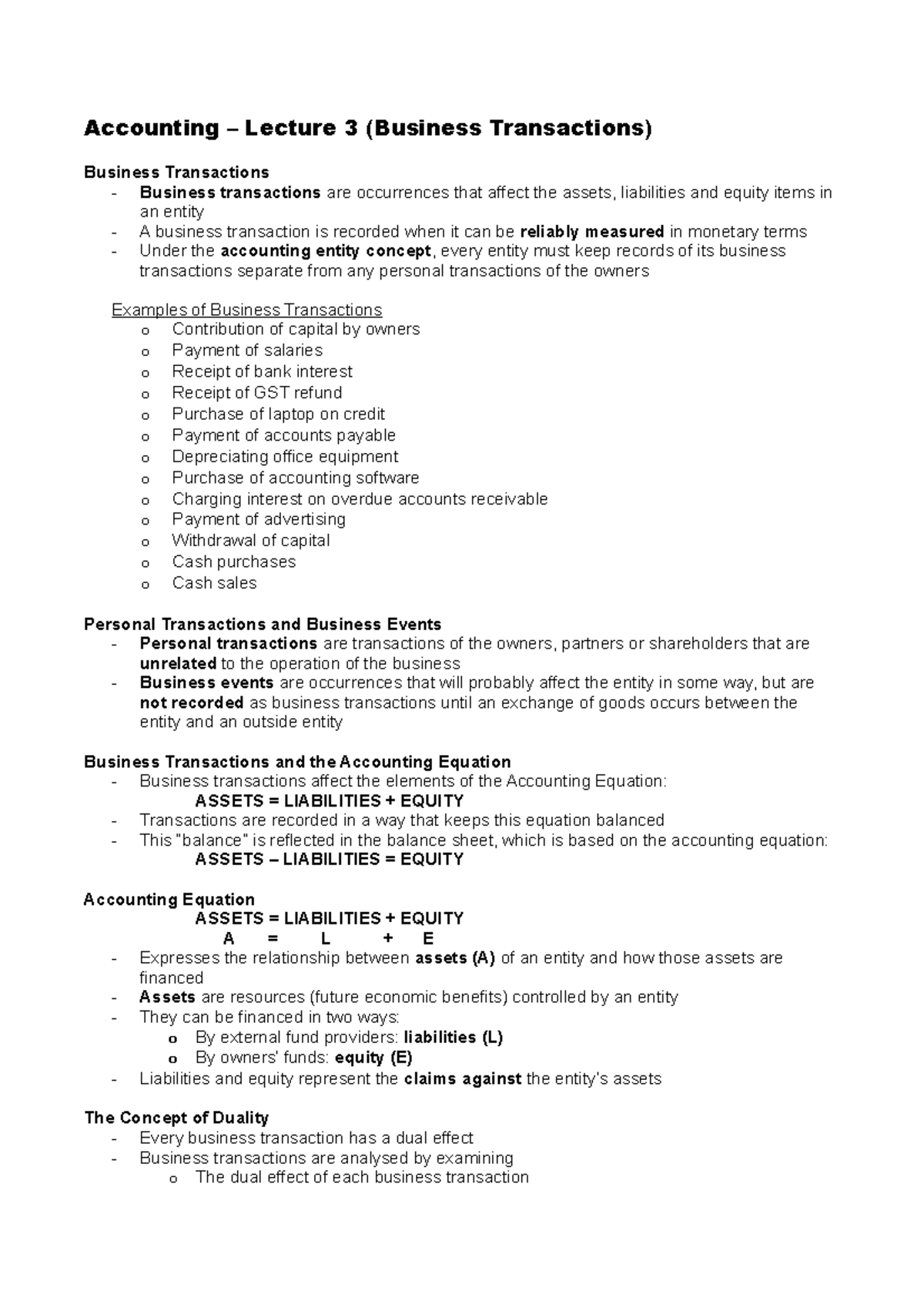 Lecture 3 Accounting Accounting Lecture 3 Business Transactions