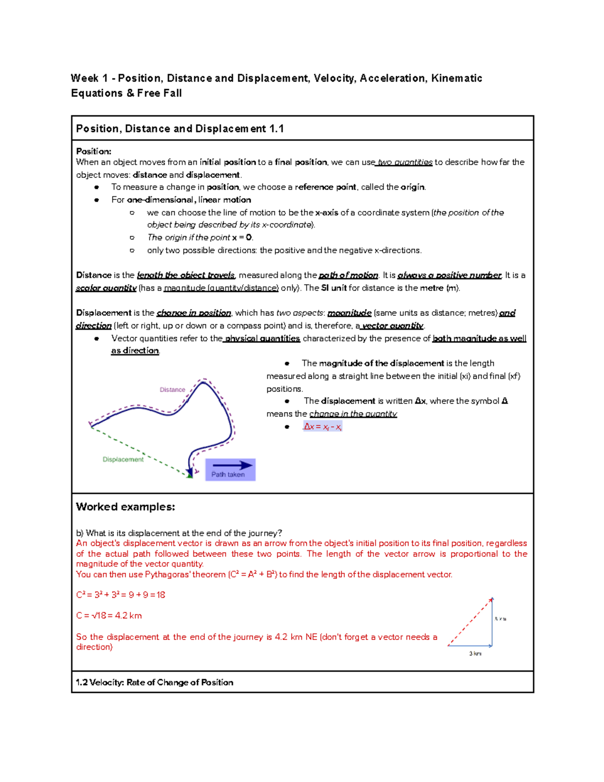 Week 1 - Position, Distance and Displacement, Velocity, Acceleration ...