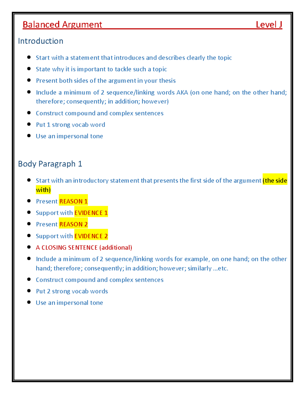Level J Balanced Argument Guidelines - Balanced Argument Level J ...