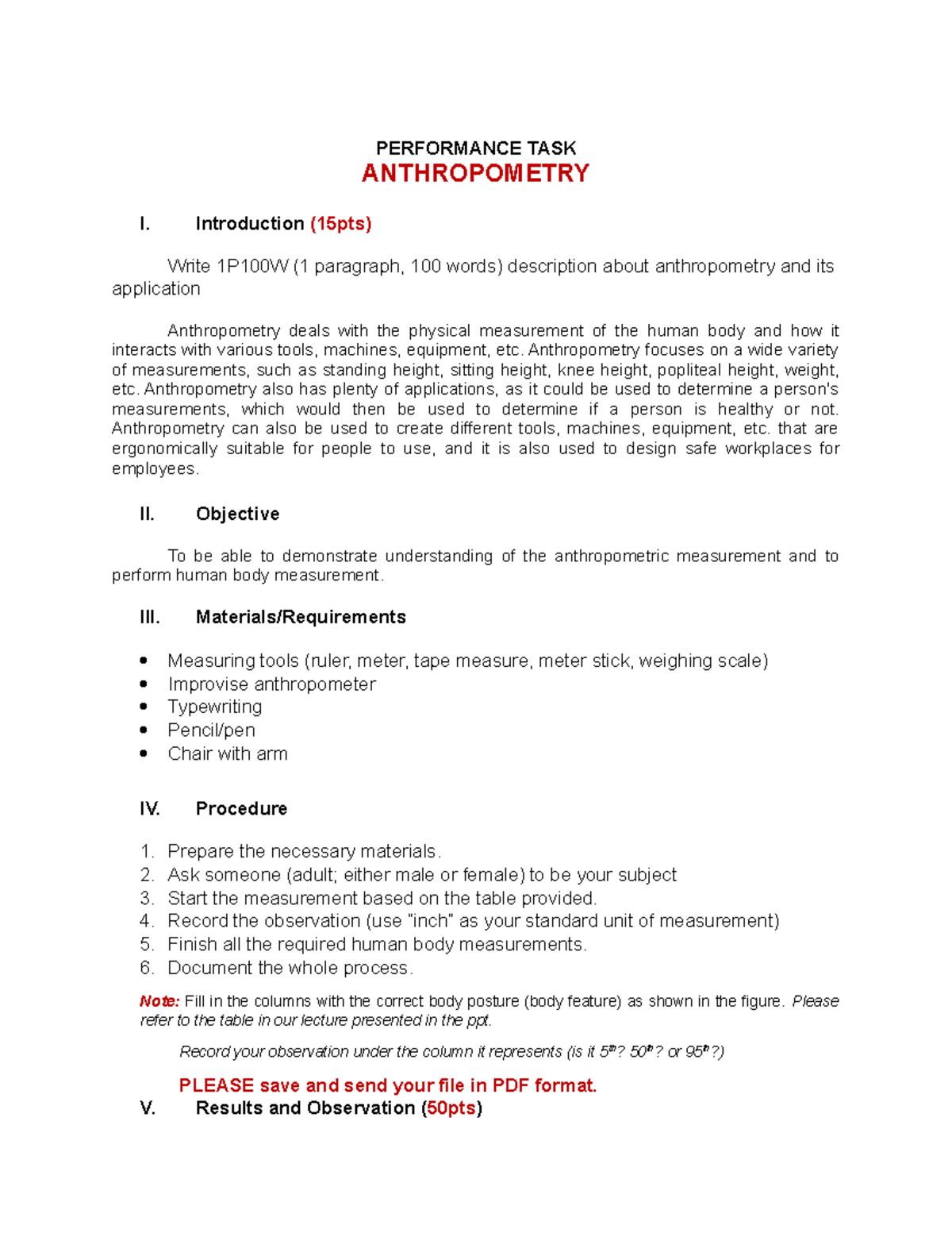 P- Tasksample - DOC - PERFORMANCE TASK ANTHROPOMETRY I. Introduction ...