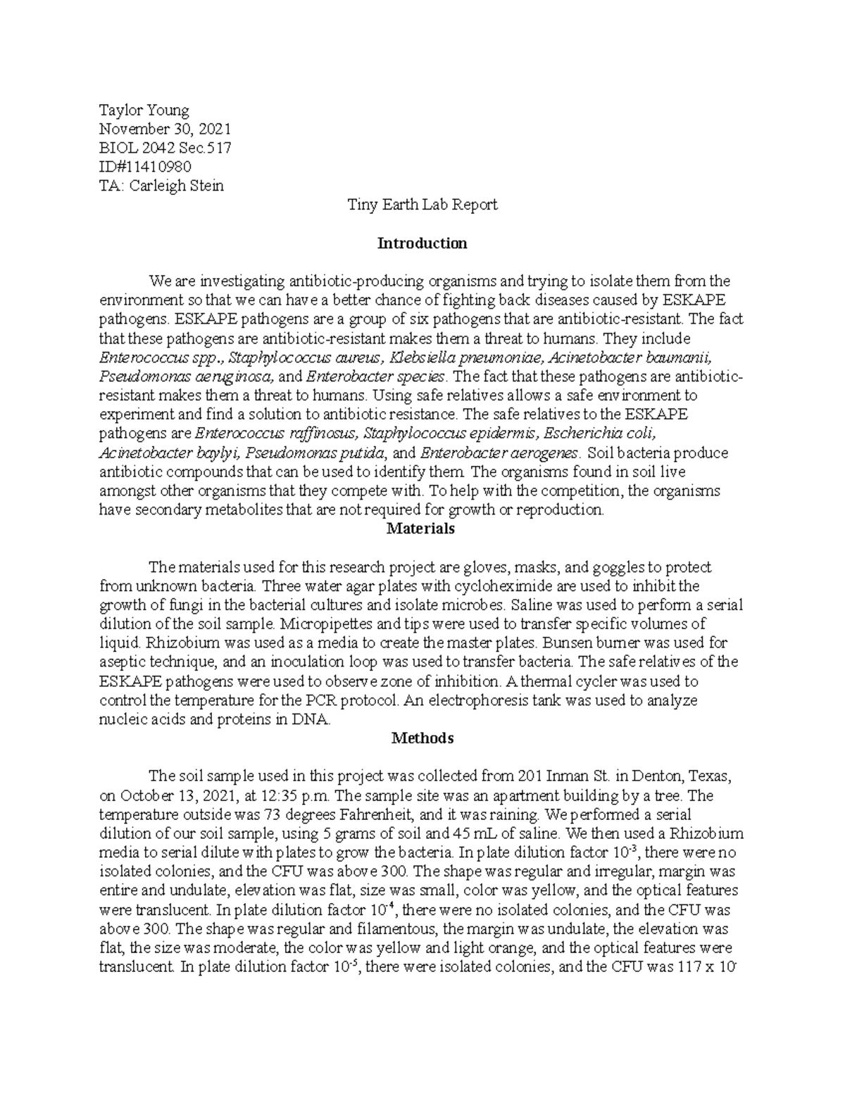 Tiny Earth lab report - Taylor Young November 30, 2021 BIOL 2042 Sec ...