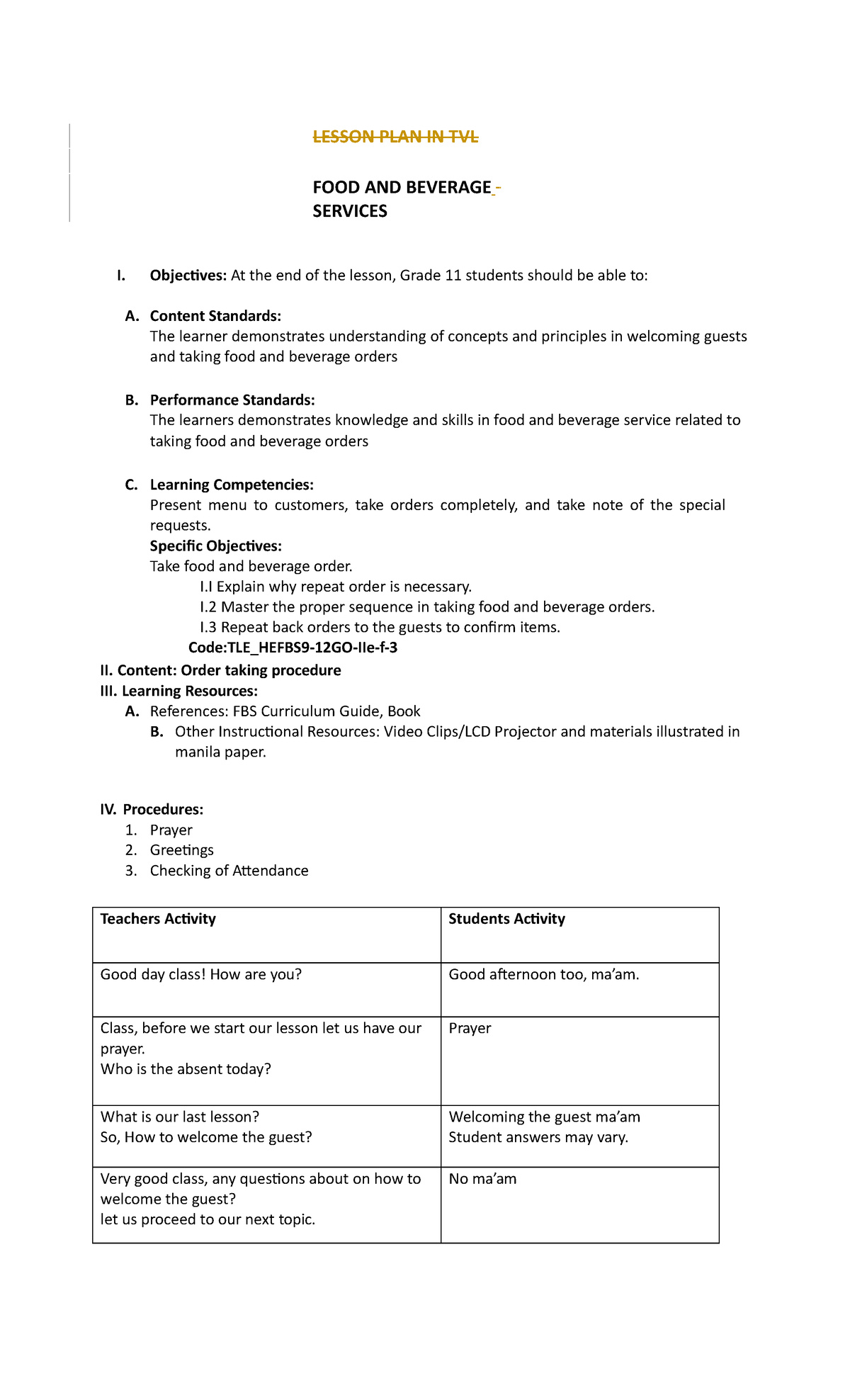 Fbs - lesson plan credits - LESSON PLAN IN TVL FOOD AND BEVERAGE ...