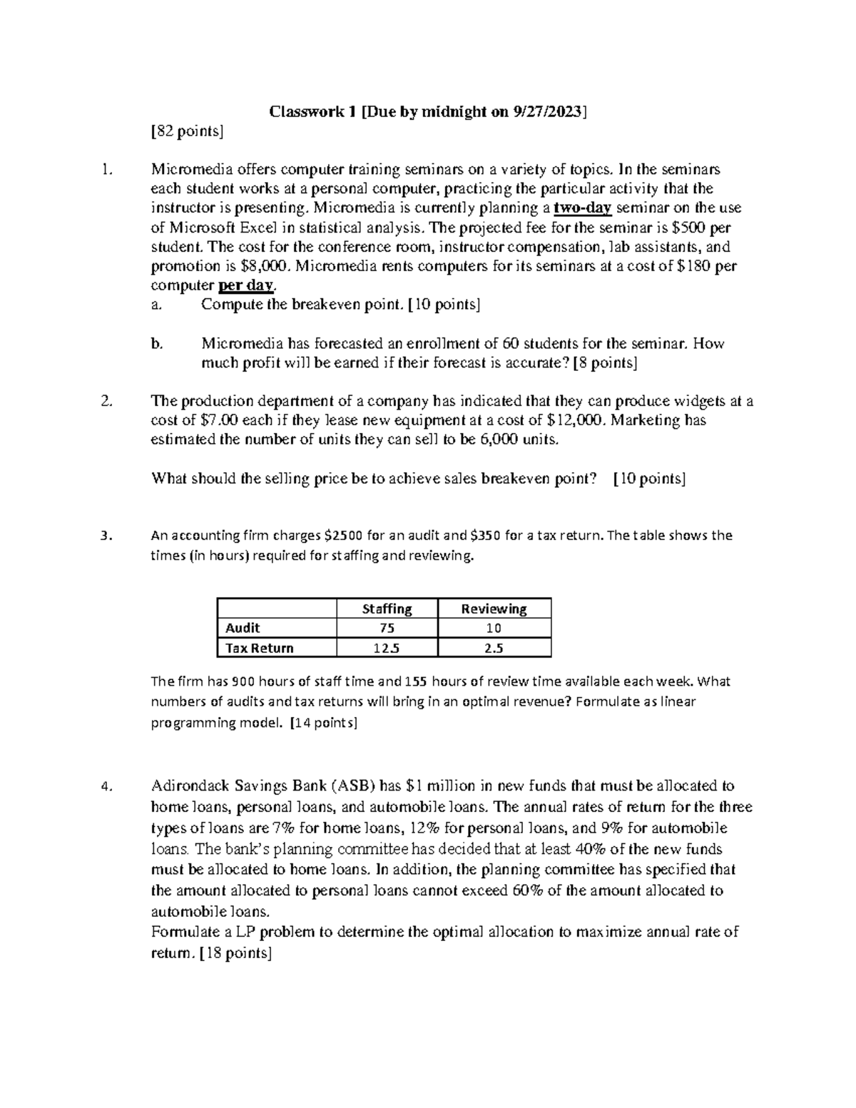 Classwork 1 - Practice Fall 2023 - Classwork 1 [Due by midnight on 9/27/ 2023 ] [8 2 points ...