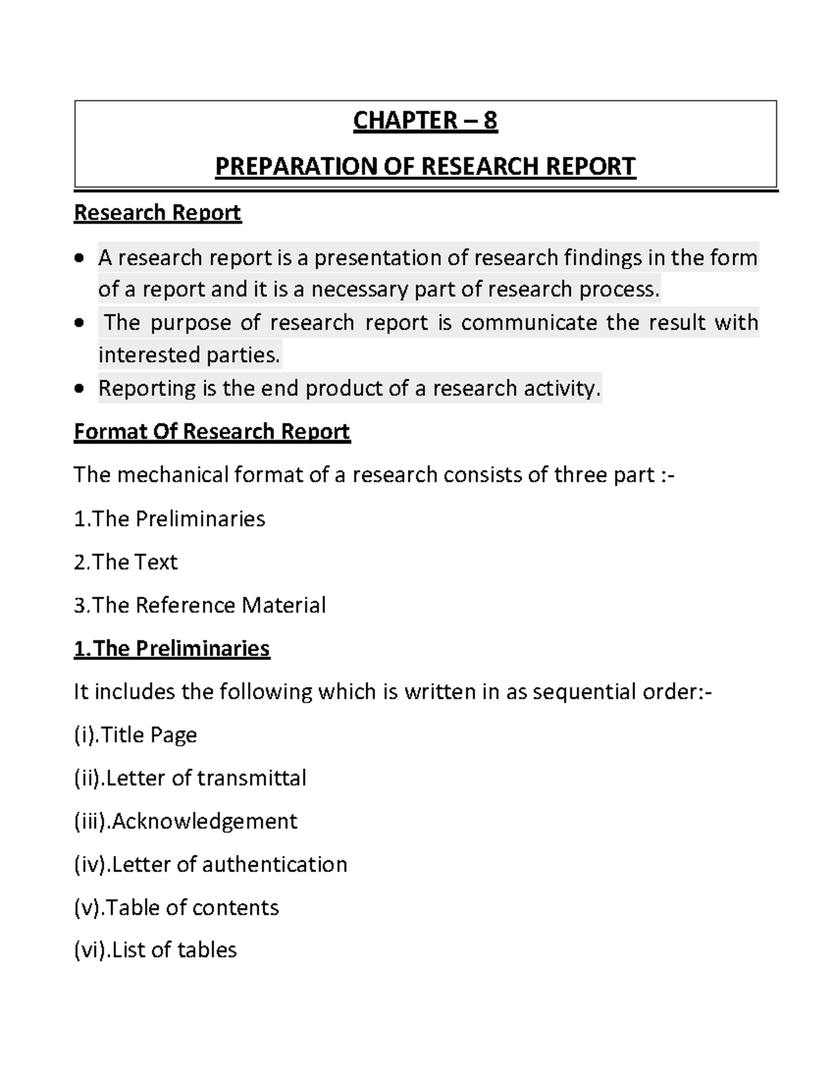 Preparation OF Research Report-chapter-8 - Research Report A research ...