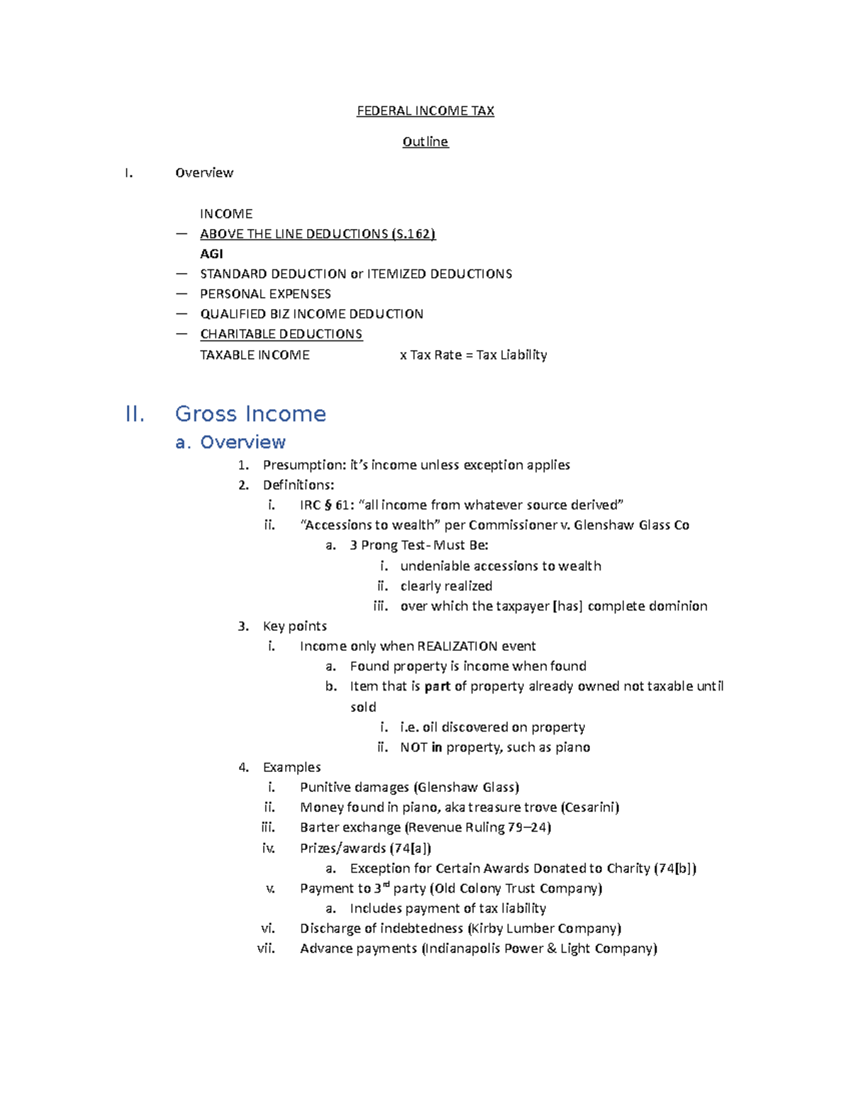 Tax Outline - FEDERAL INCOME TAX Outline I. Overview INCOME ― ABOVE THE ...