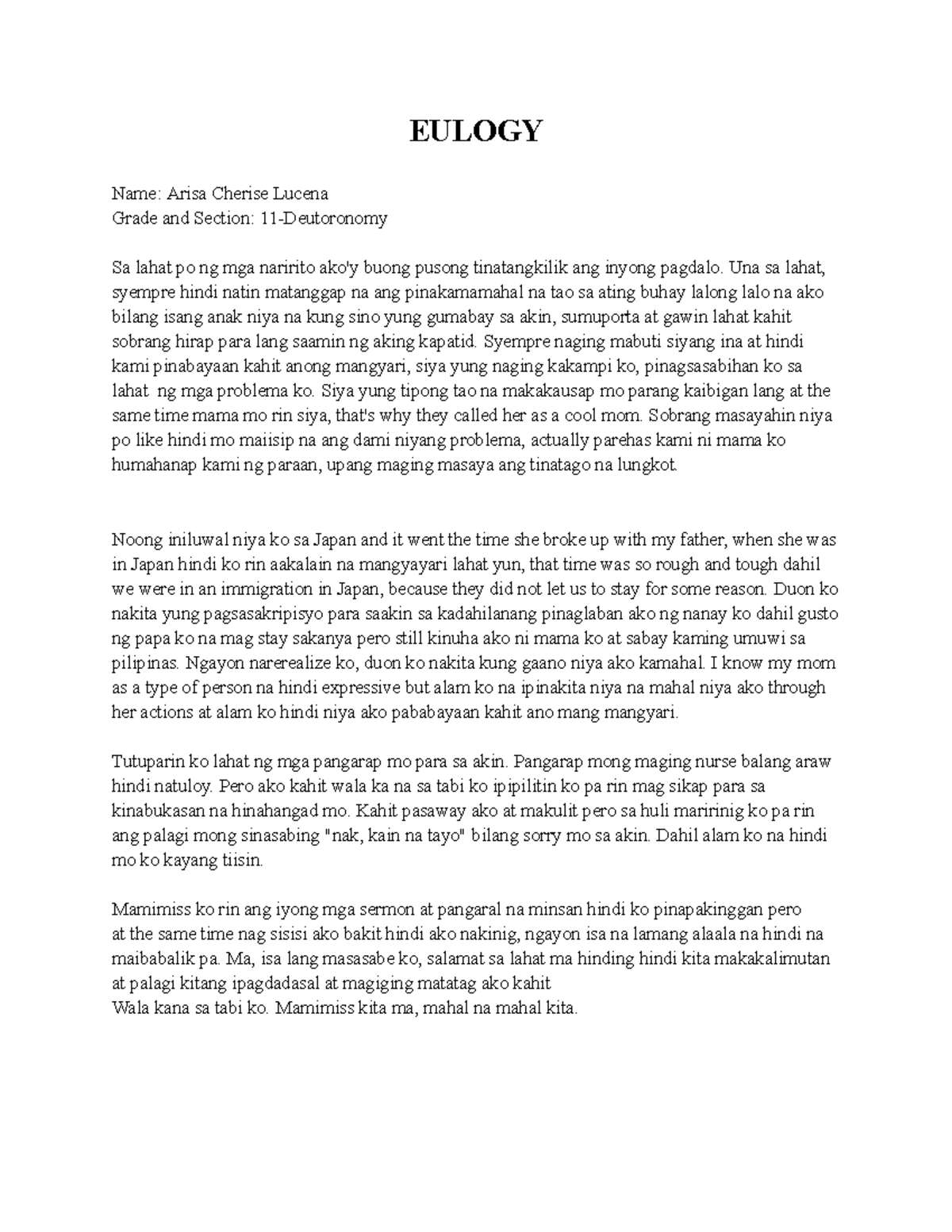 Tagalog- Eulogy - ................... - EULOGY Name: Arisa Cherise ...