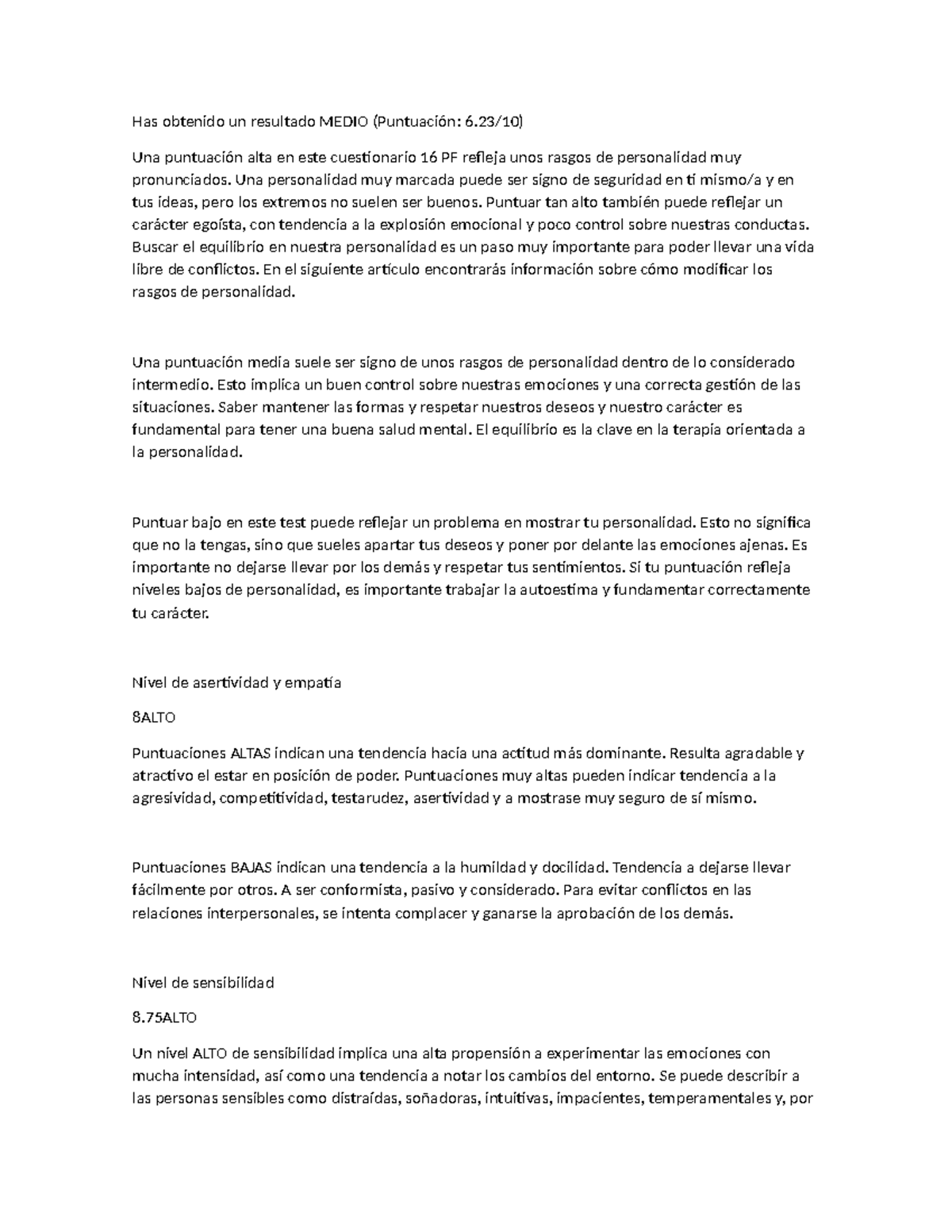 Evidencia 1 - Has obtenido un resultado MEDIO (Puntuación: 6/10) Una ...