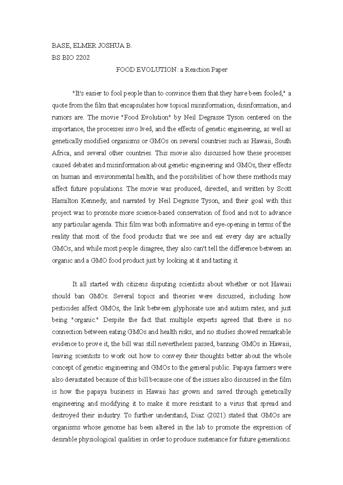 Reaction Paper BIO 206 - BASE, ELMER JOSHUA B. BS BIO 2202 FOOD ...