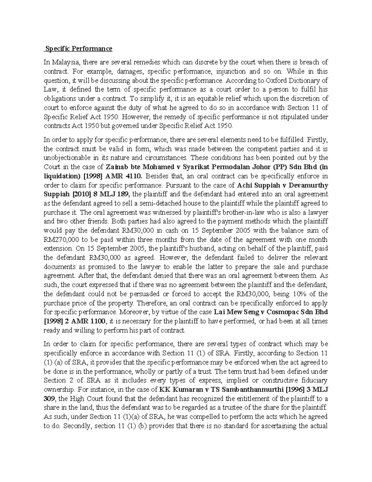 Specific Performance - For example, damages, specific performance ...