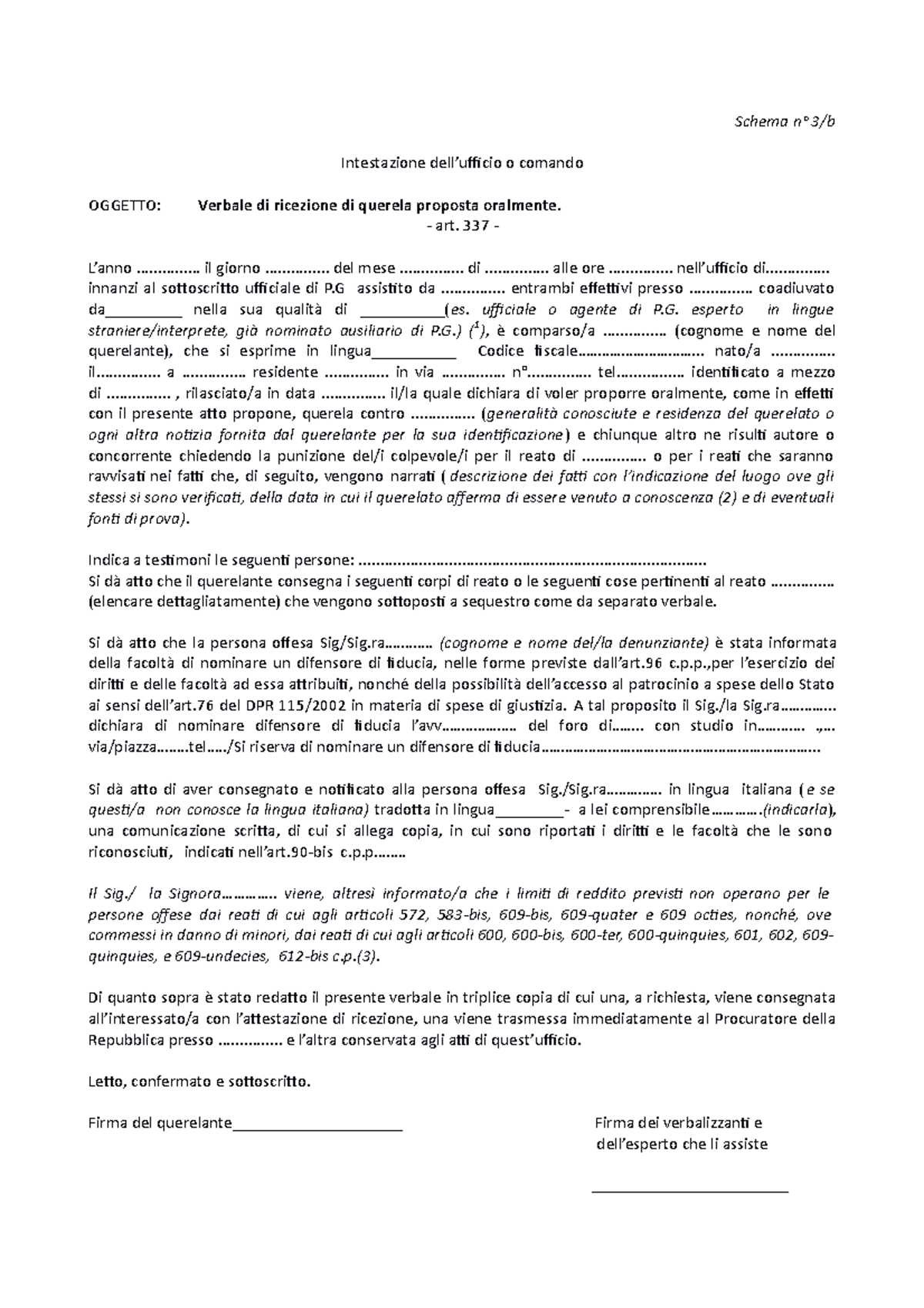 Verbale di ricezione di querela proposta oralmente. - art. 337 - L’anno ...