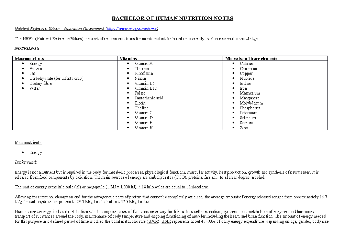 Nutrition Notes - BACHELOR OF HUMAN NUTRITION NOTES Nutrient Reference ...