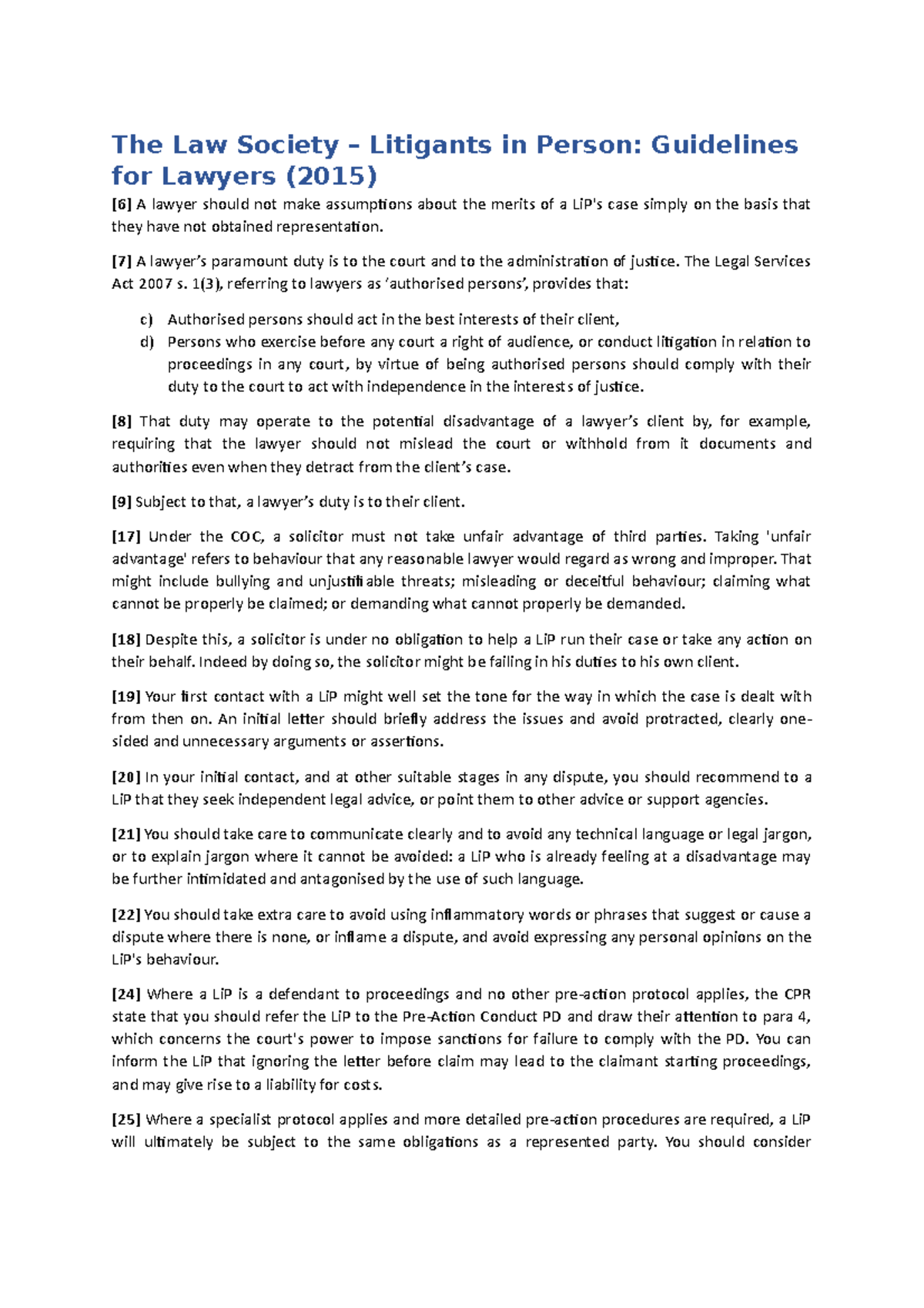 The Law Society - Litigants in Person Guidelines - [7] A lawyer’s ...