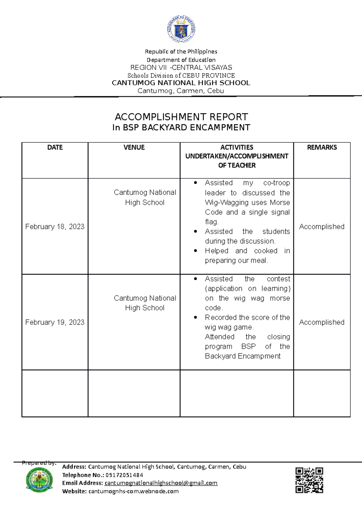 Accomplishment- Report-BSP - Republic of the Philippines Department of Education REGION VII ...