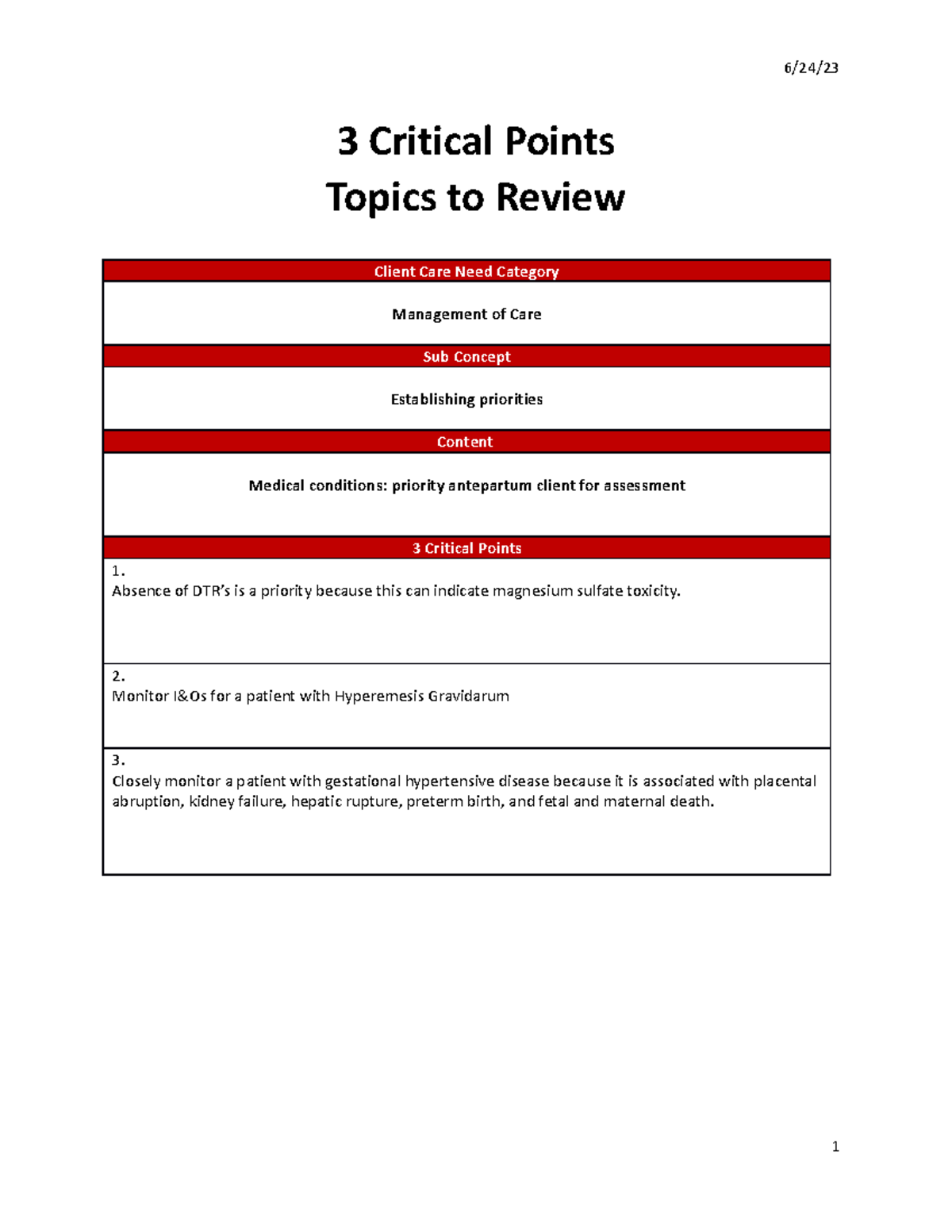 3 Critical Points OB Proctored Final - 3 Critical Points Topics to ...