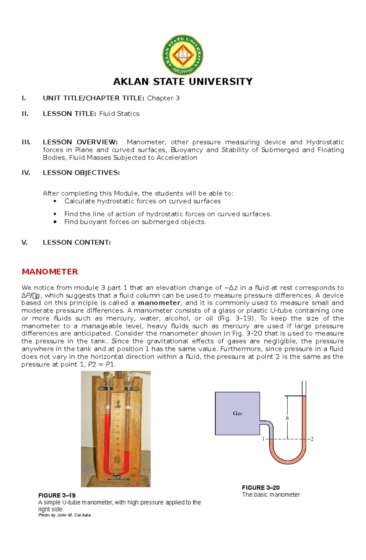 Fluid Mechanics (Fluid Statics 2) - AKLAN STATE UNIVERSITY I. UNIT ...