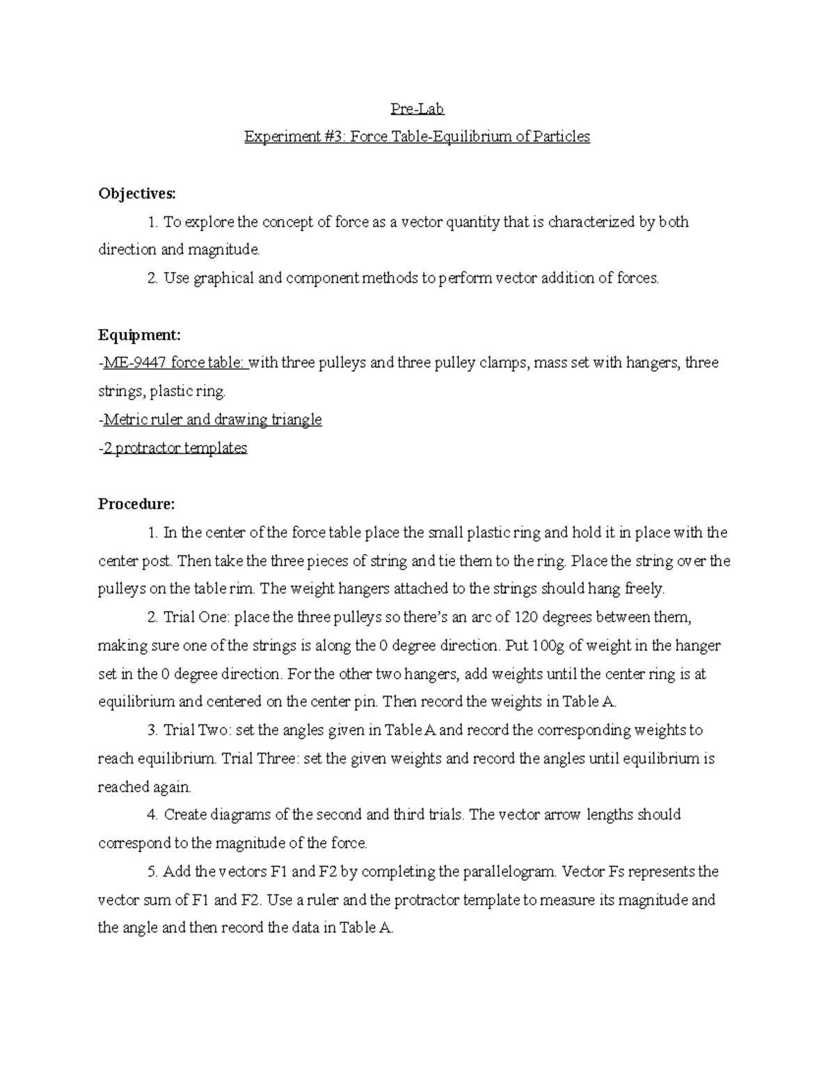 PHY 221 Pre-lab exp 3 - Force Table-Equilibrium of Particles - PHY 221 ...