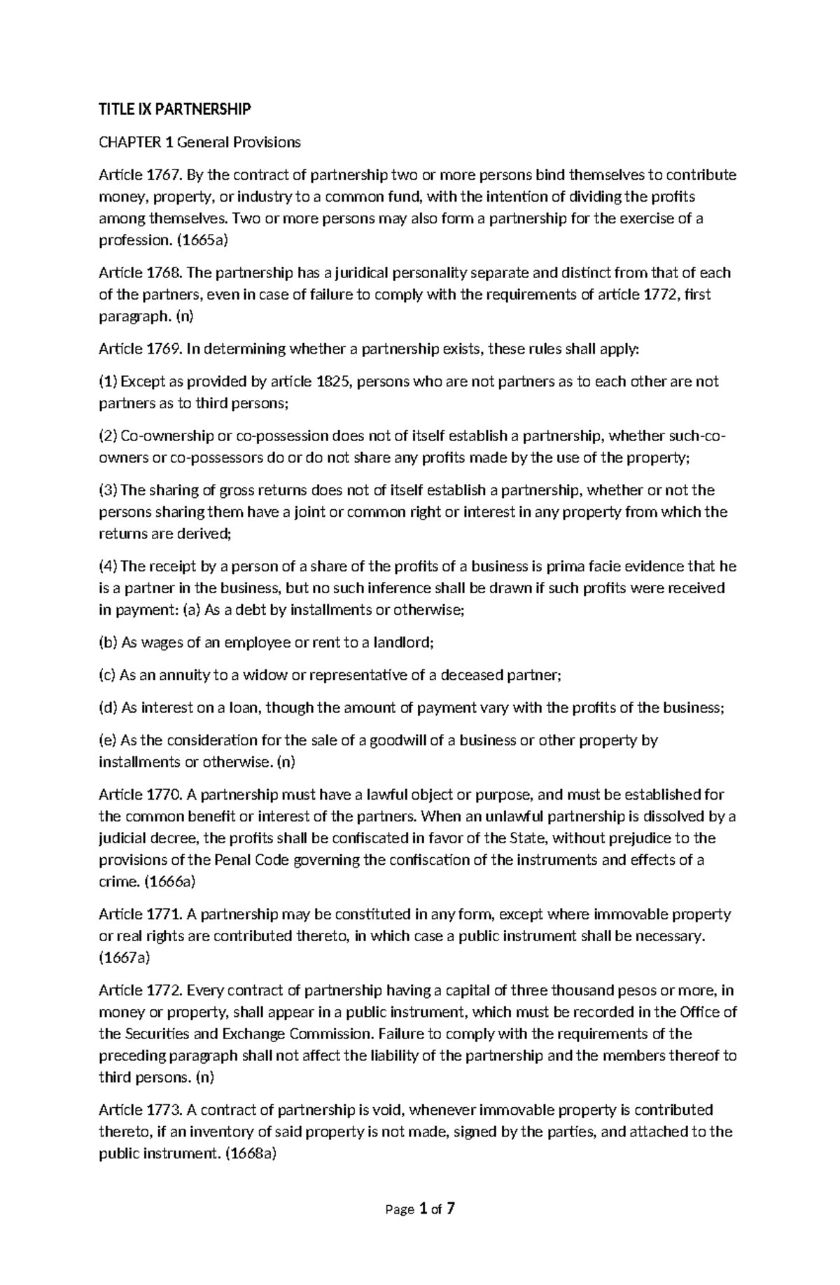 Notes-Partnership - TITLE IX PARTNERSHIP CHAPTER 1 General Provisions ...