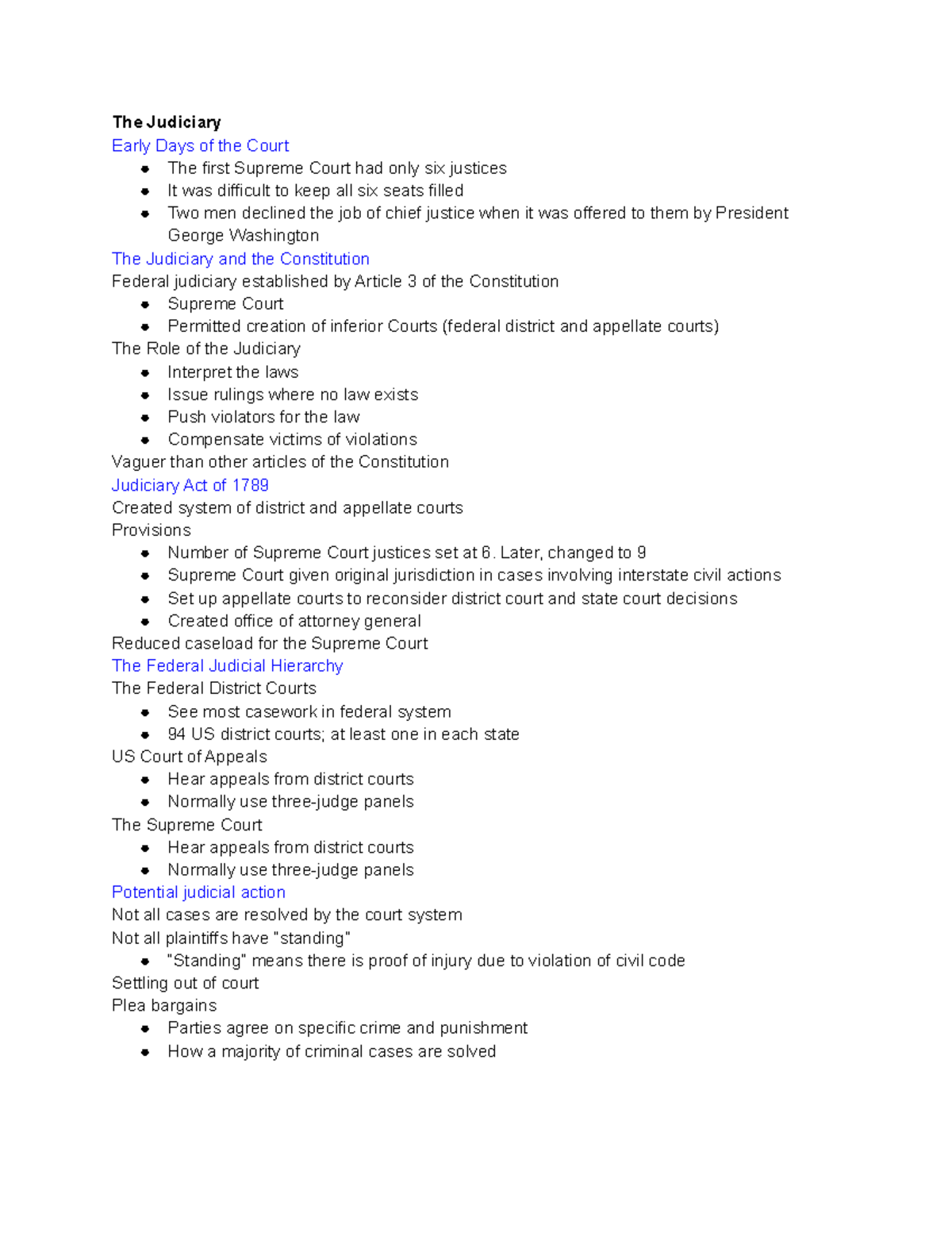 PSCI 2306 Ch 14 Notes - The Judiciary Early Days of the Court The first ...