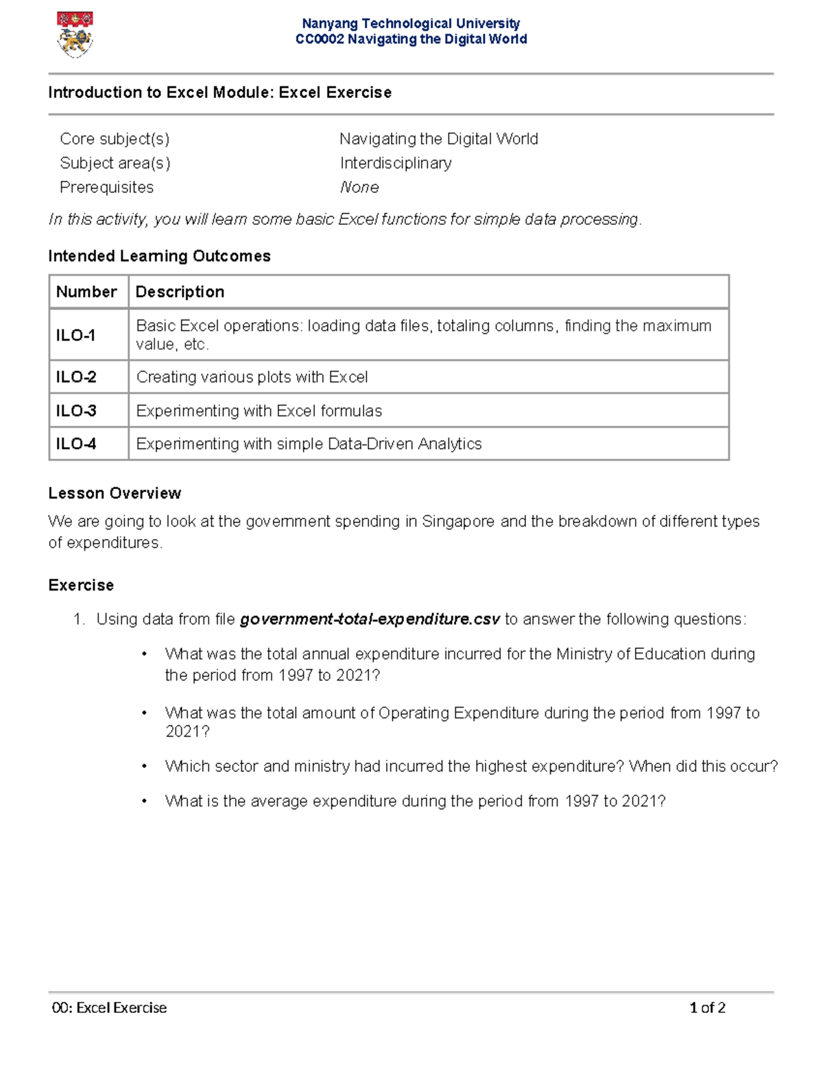 TUT2 Excel Exercise - Students - Nanyang Technological University ...