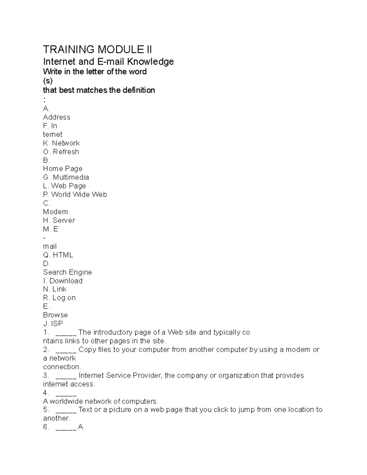 Sample quiz - Use as reference - TRAINING MODULE lI Internet and E-mail ...