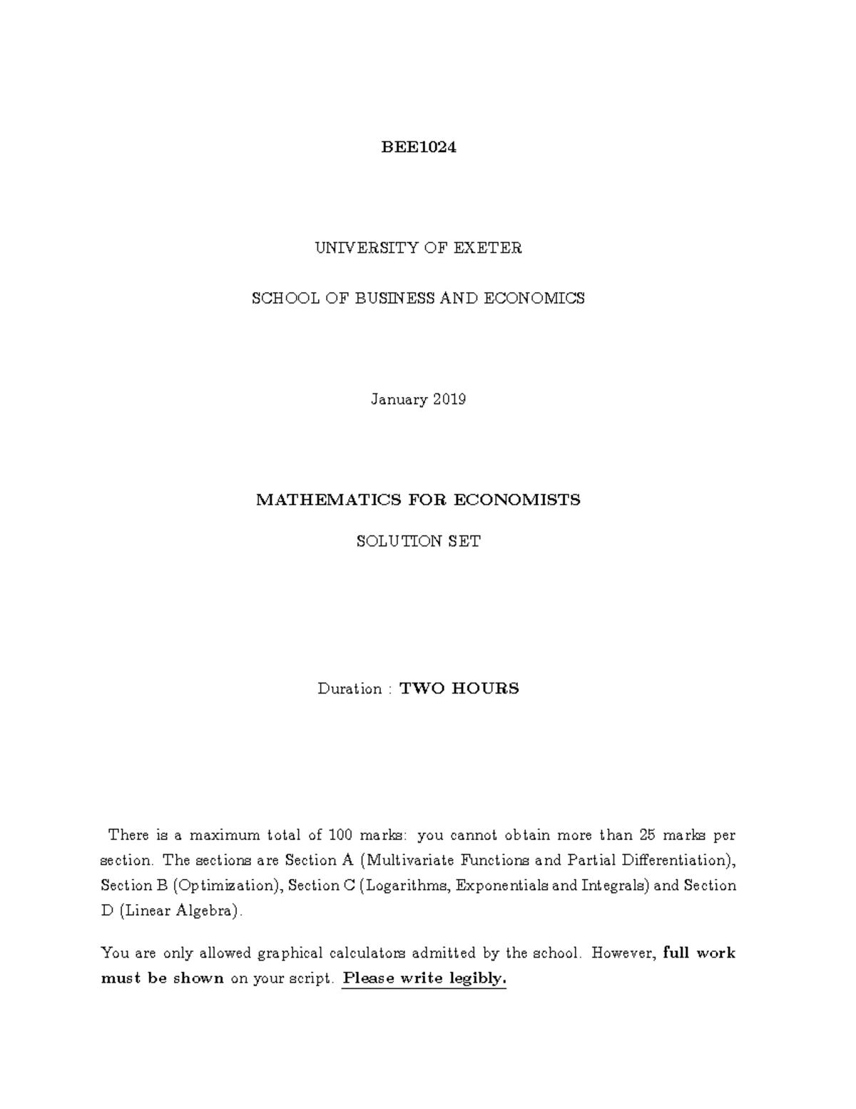 BEE1024 2019 January Exam (Solutions) - BEE UNIVERSITY OF EXETER SCHOOL ...