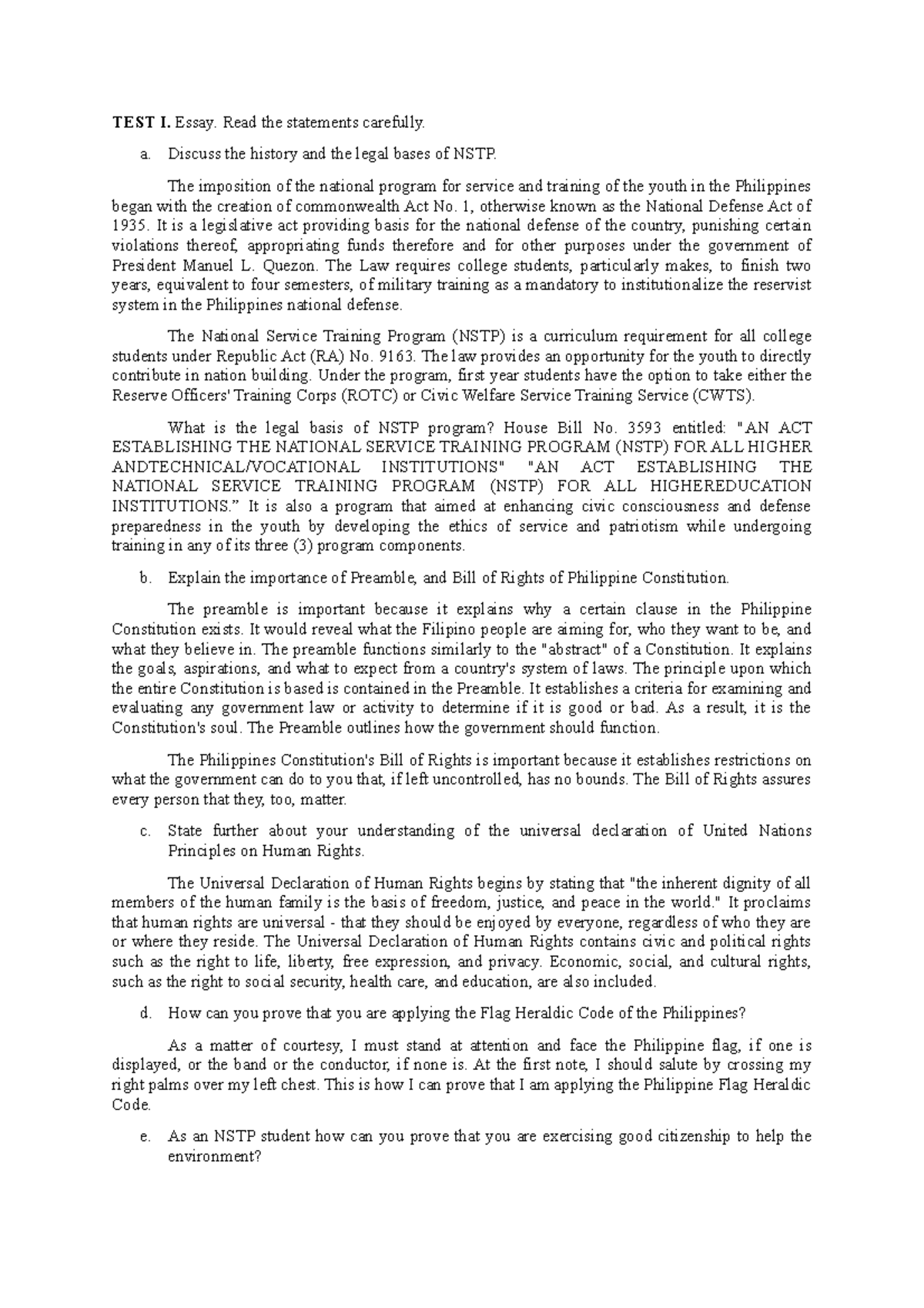 Module 1 Reviewer for NSTP - TEST I. Essay. Read the statements ...