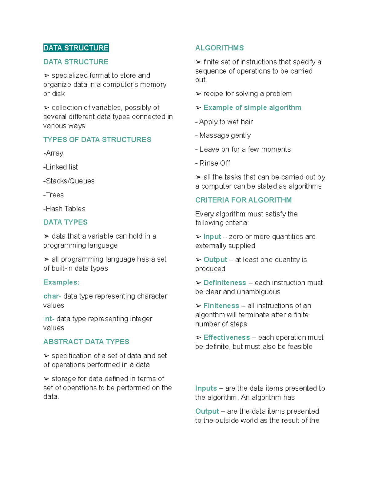 IT123 - DATA STRUCTURE DATA STRUCTURE specialized format to store and ...