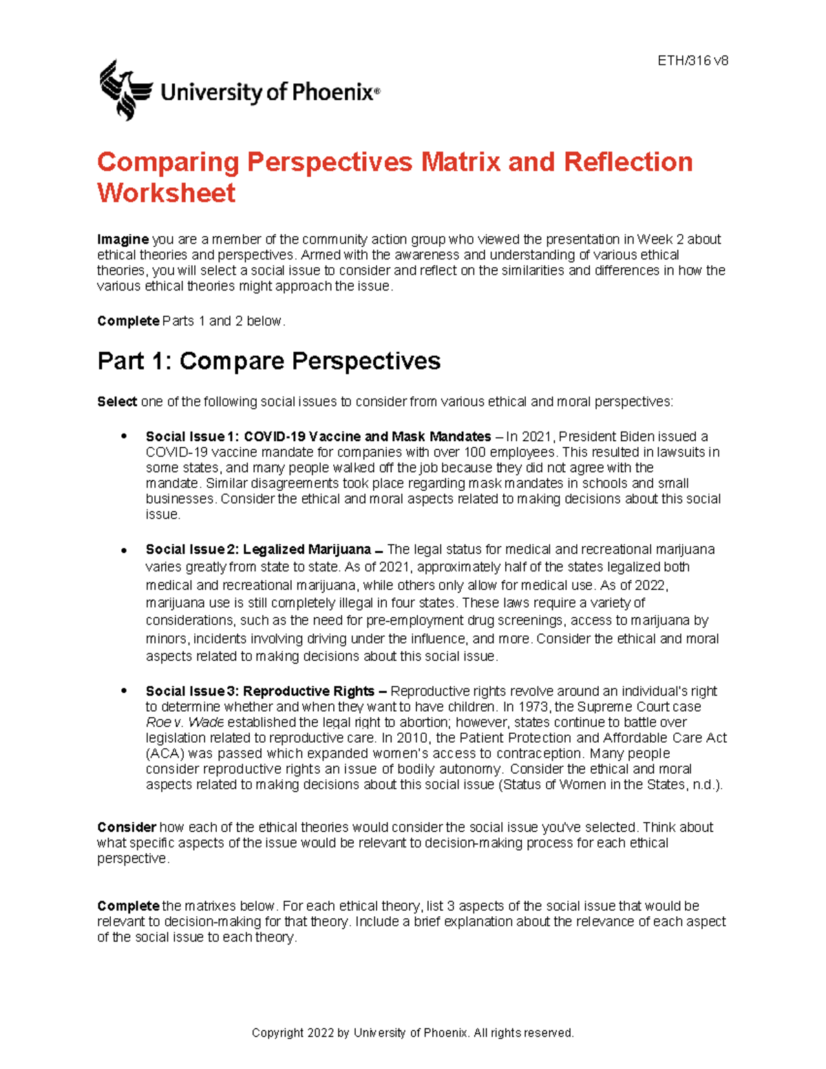 Eth316 v8 wk3 comparing perspectives matrix and reflection worksheet - ETH/316 v Comparing - Studocu