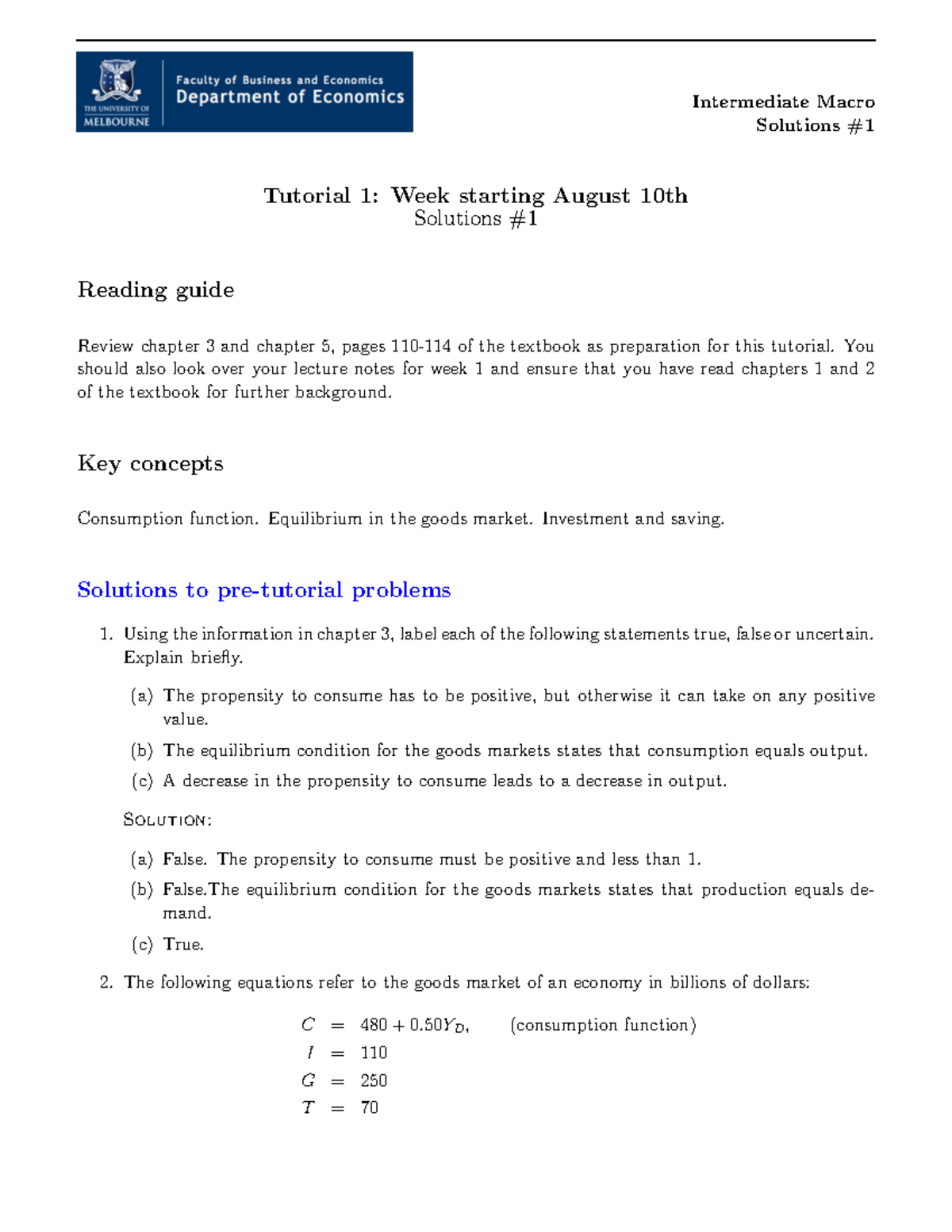 Blue & Pink Sheet #1 solutions - Intermediate Macro Solutions # Tutorial 1: Week starting August ...