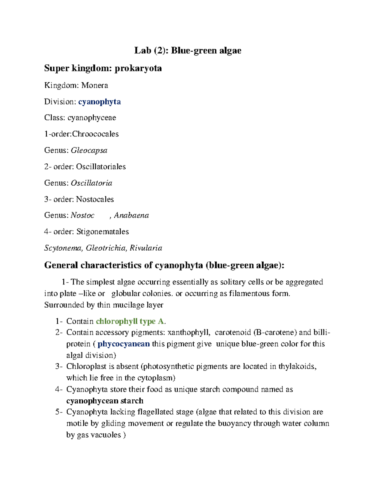 Algae 2 - Lab (2): Blue-green algae Super kingdom: prokaryota Kingdom ...