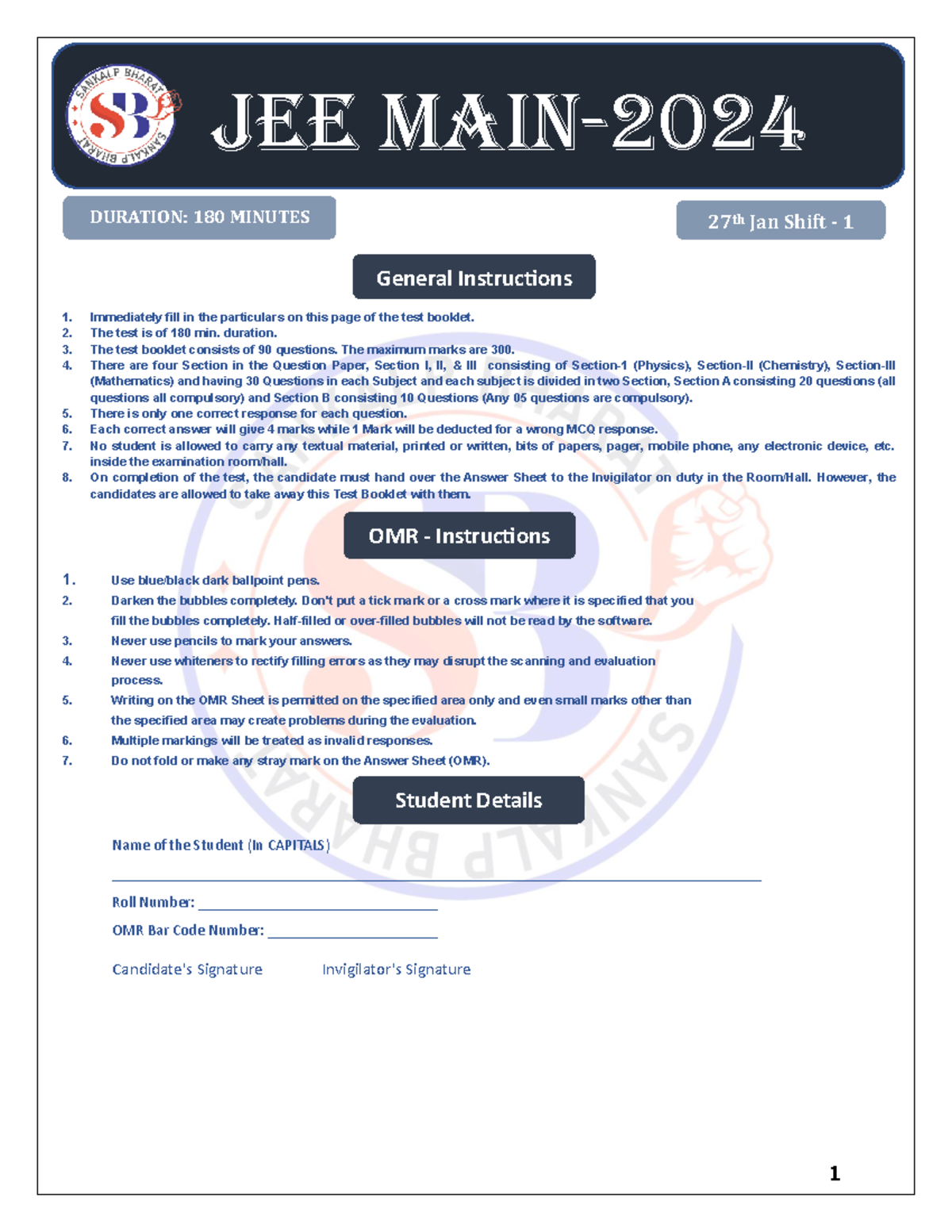 JEE Mains 27 January Shift 1 Question Paper 2024 PDF ...