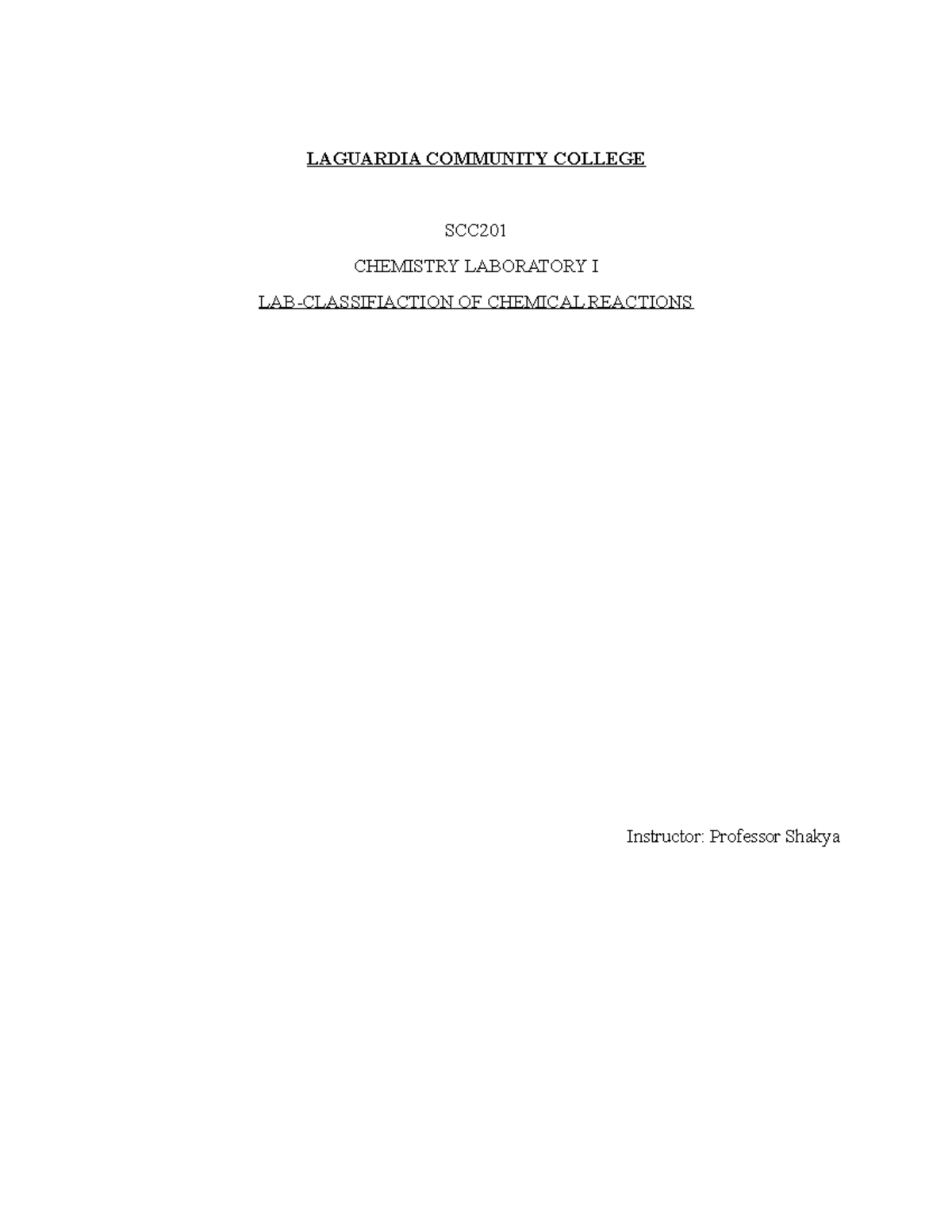 Classifcation of Chemical Reaction lab - LAGUARDIA COMMUNITY COLLEGE ...