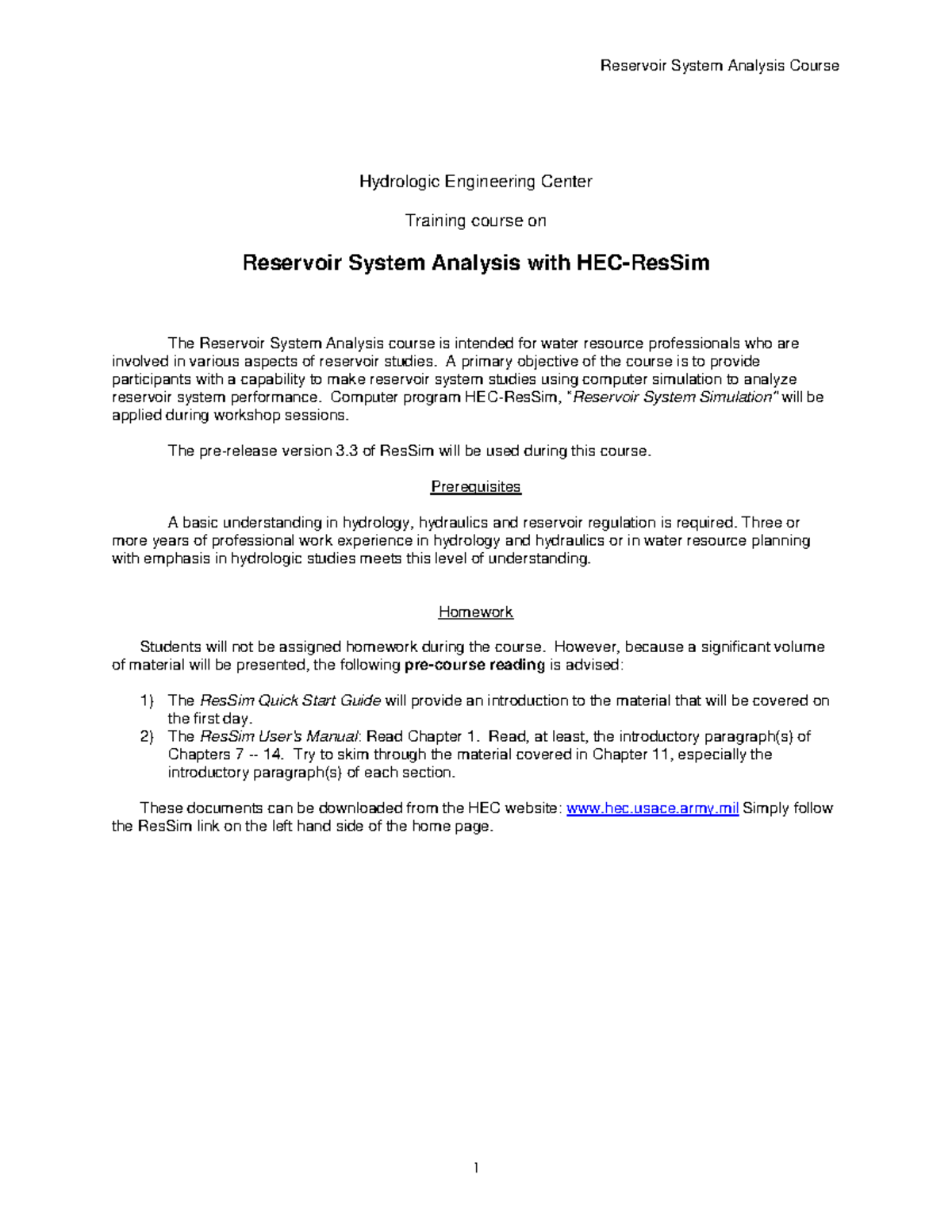Reservoir Systems Analysis with HEC-Res Sim - Hydrologic Engineering Center Training course on ...