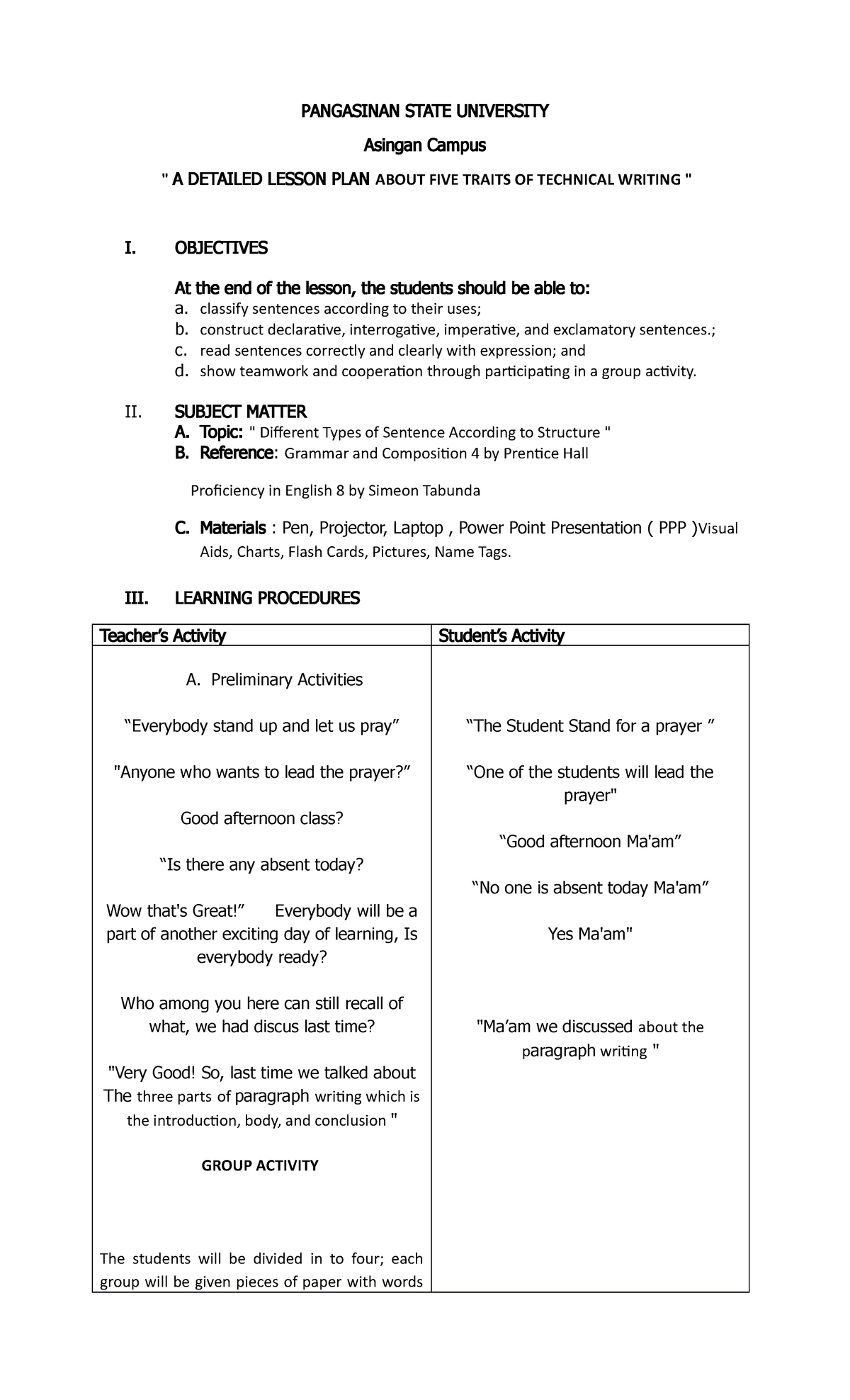 Detailed lesson plan types of sentences - PANGASINAN STATE UNIVERSITY ...