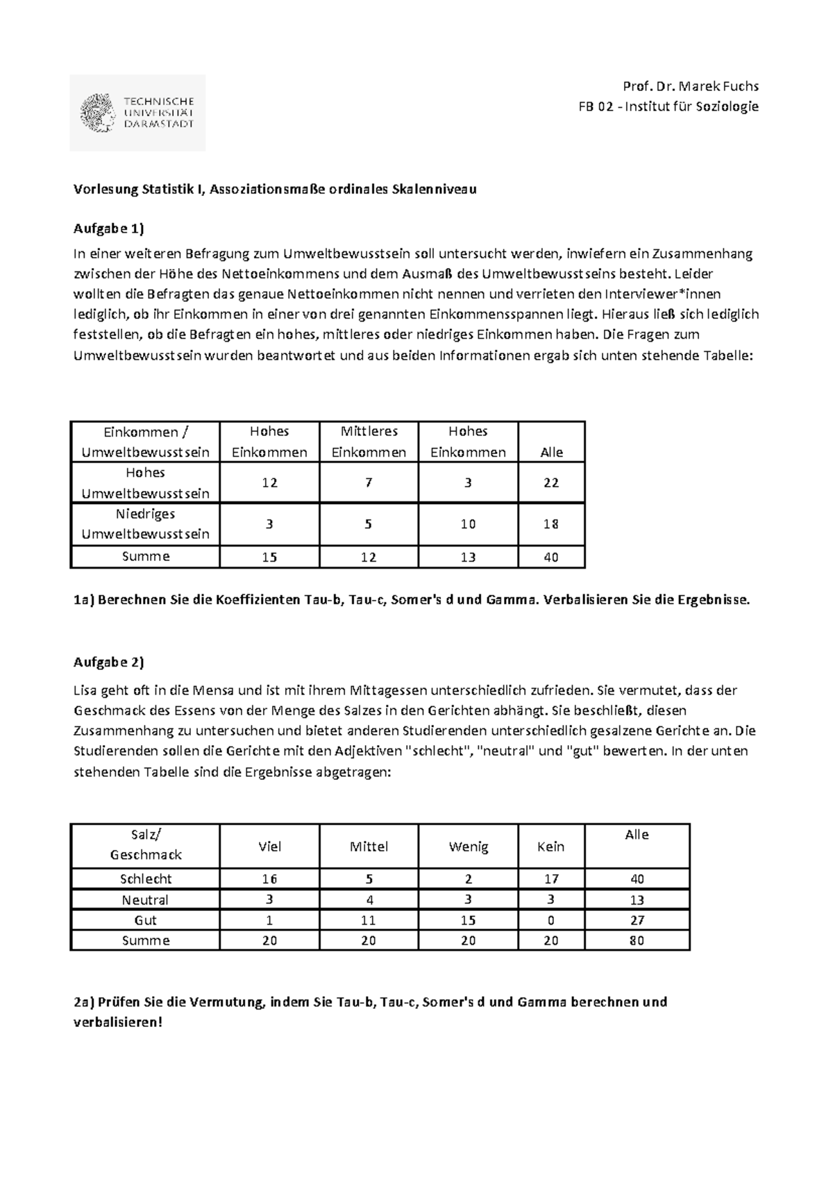Aufgaben Assoziationsmaße ordinal So Se 2022 - Prof. Dr. Marek Fuchs FB ...