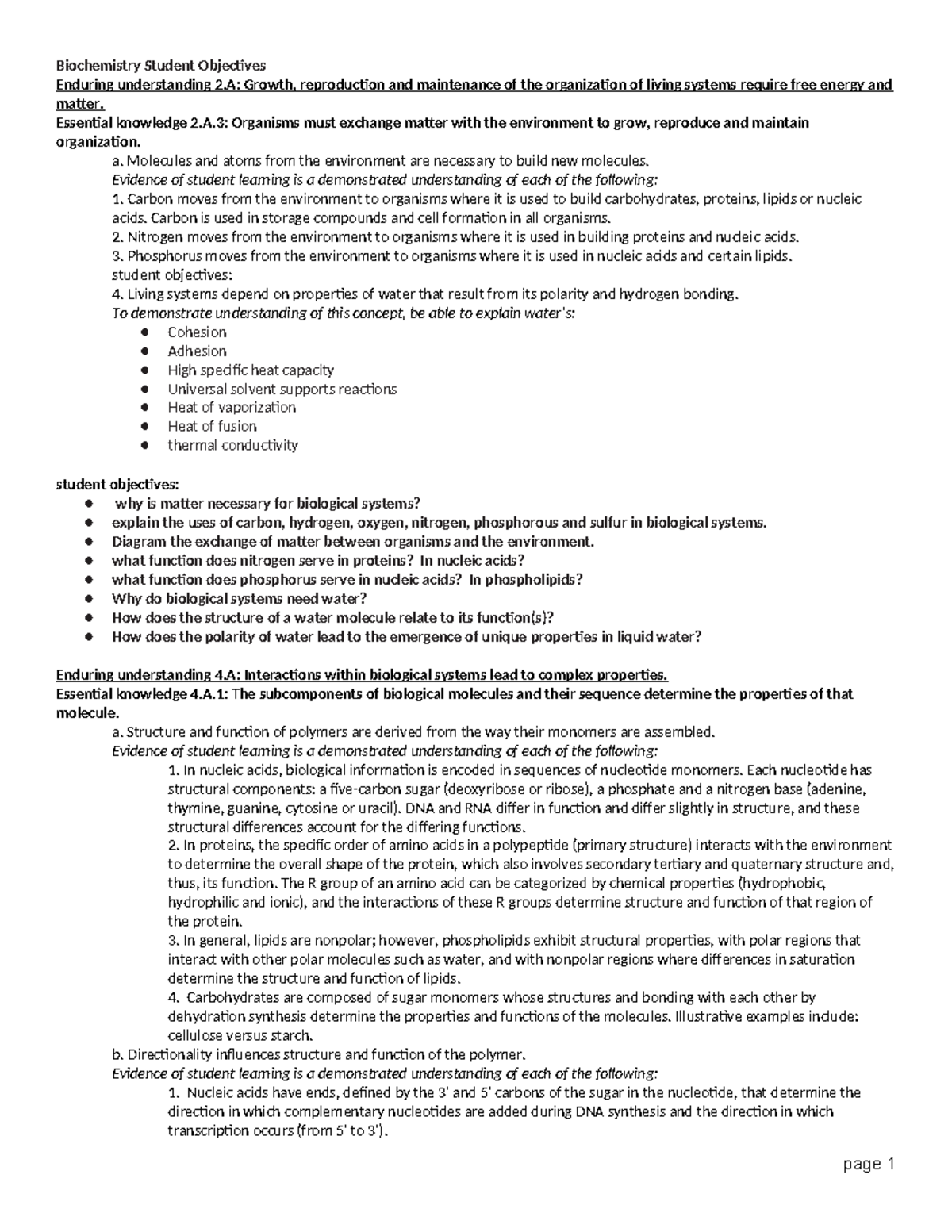Unit 1- biochemistry review sheet - Biochemistry Student Objectives ...