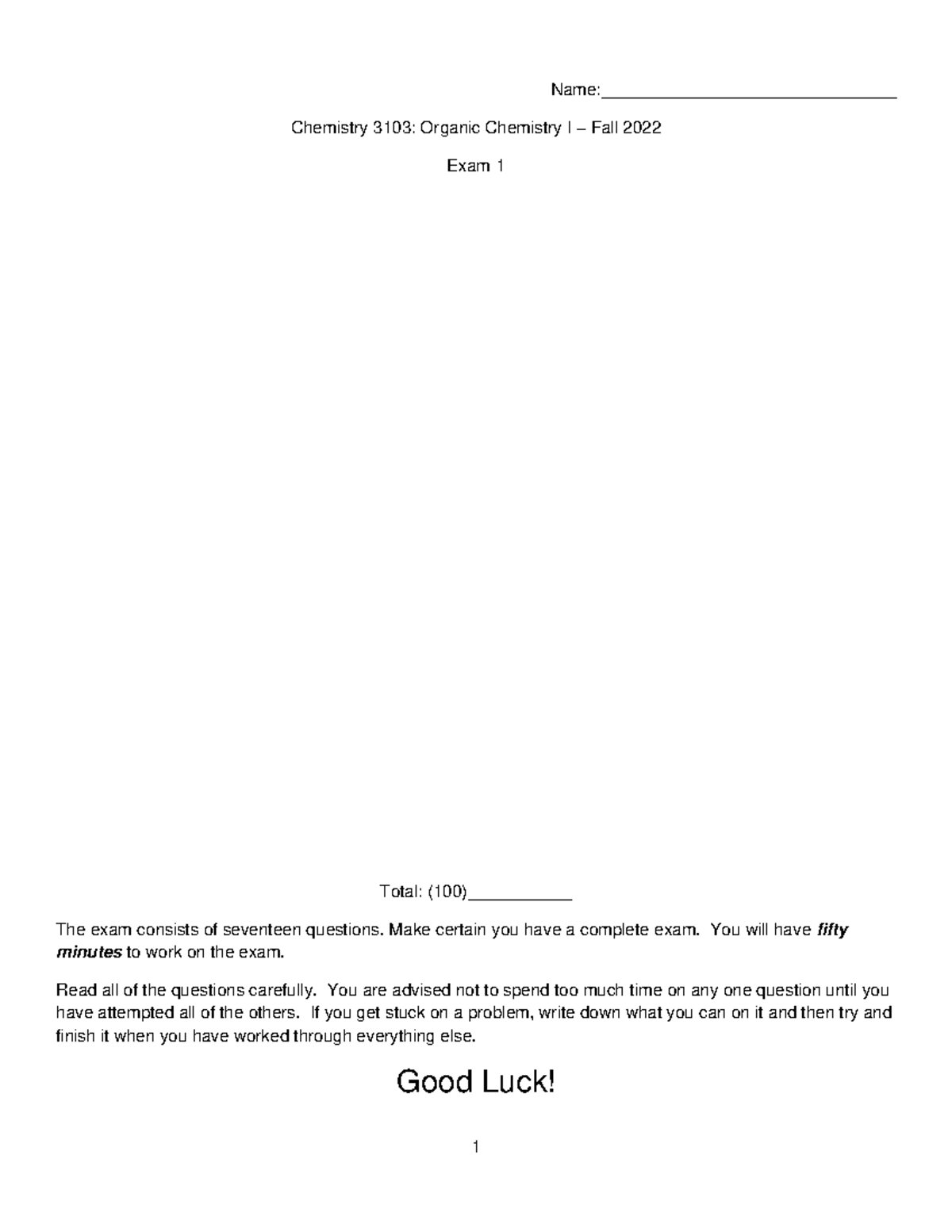 OChem Exam 1 - N/A - Name:_______________________________ Chemistry ...