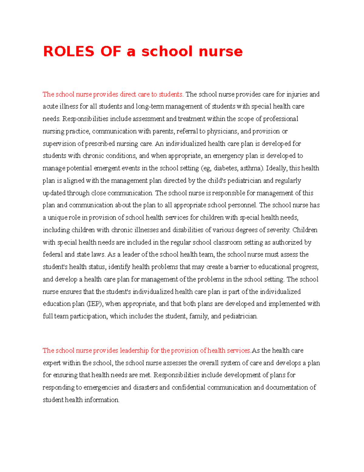 Roles OF a school nurse - end year notes - ROLES OF a school nurse The ...