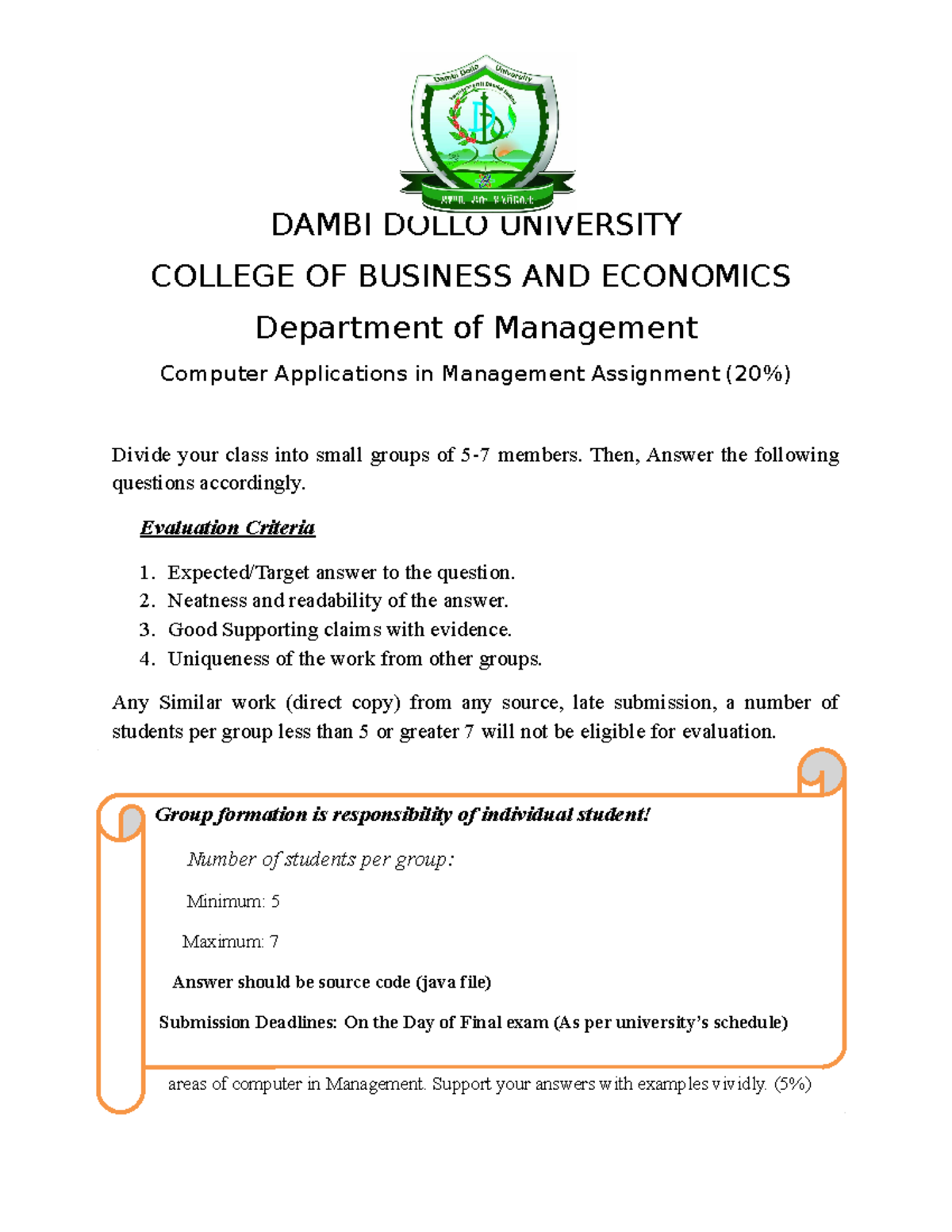 Assignment Cs Courses Dambi Dollo University College Of Business And Economics Department Of 