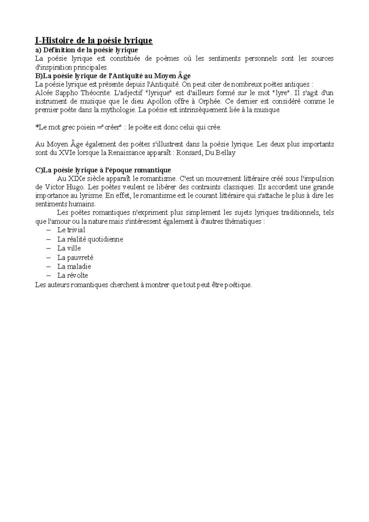 Histoire de la poésie lyrique - I-Histoire de la poesie lyrique a ...