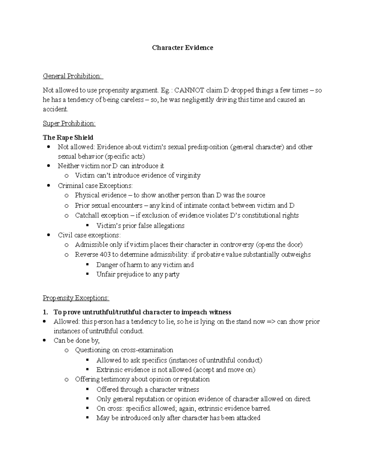Character Evidence Outline - Character Evidence General Prohibition ...