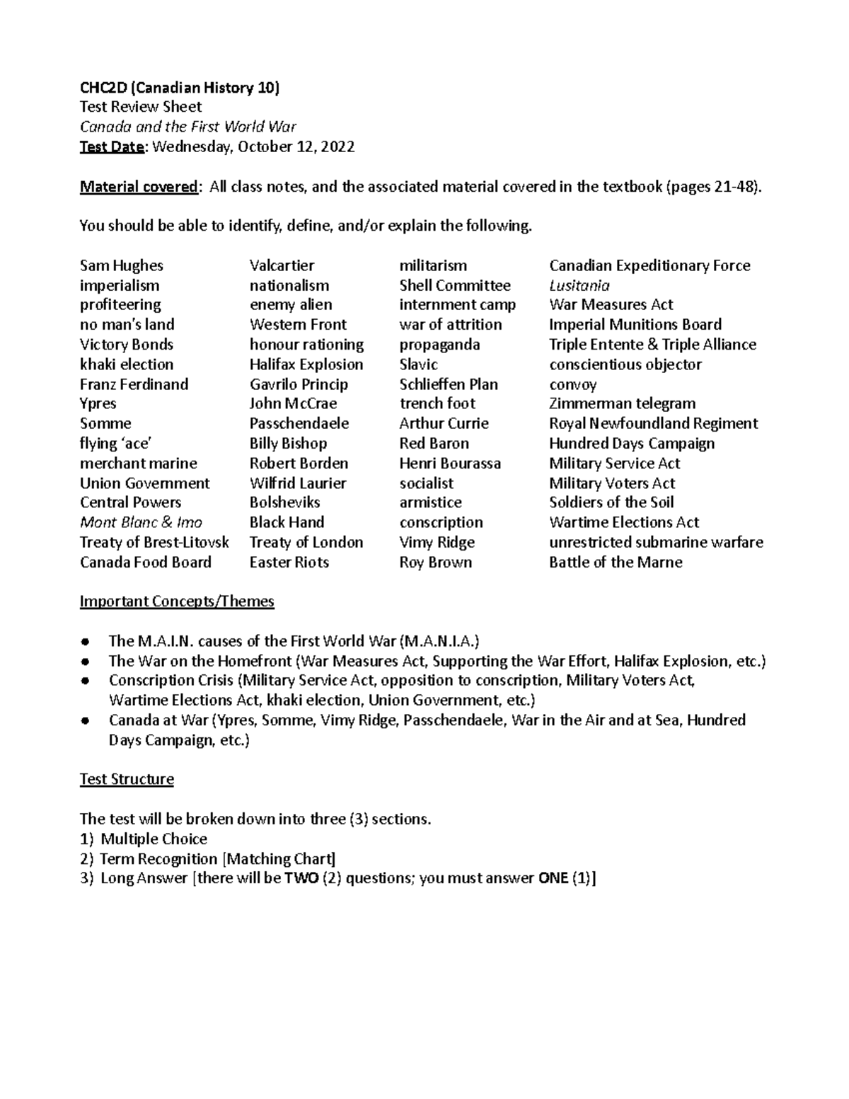 CHC2D Unit 1 Test Review (2022-2023) - CHC2D (Canadian History 10) Test ...