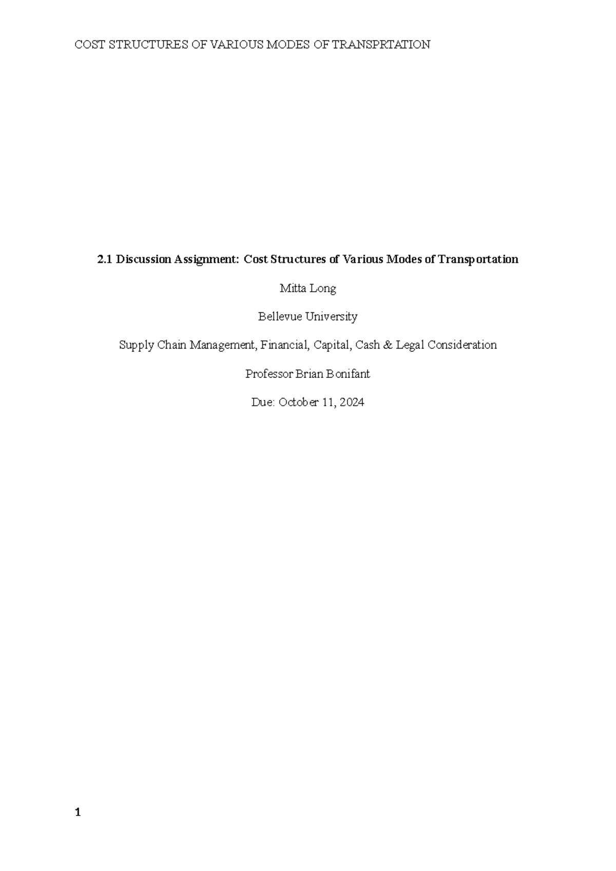 2.1 Cost Structures of Various Modes of Tranportation - 2 Discussion ...