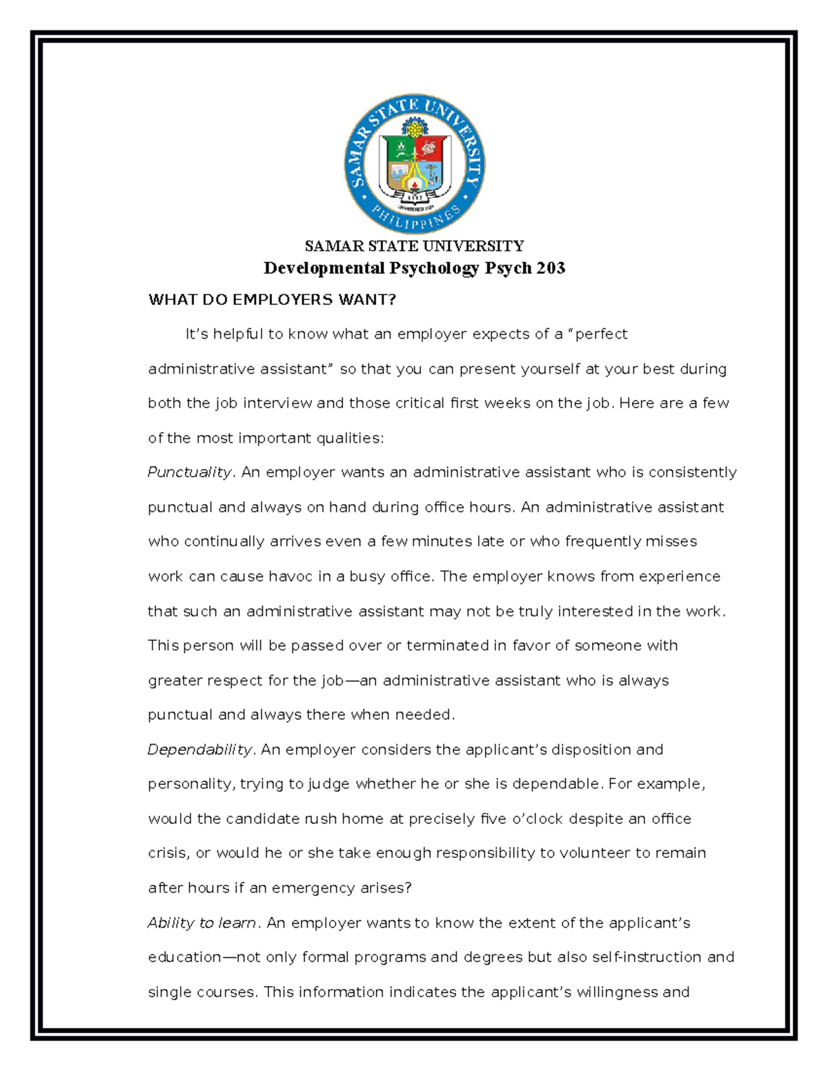 Developmental Psychology Psych 203 Administrative Assistant - SAMAR ...