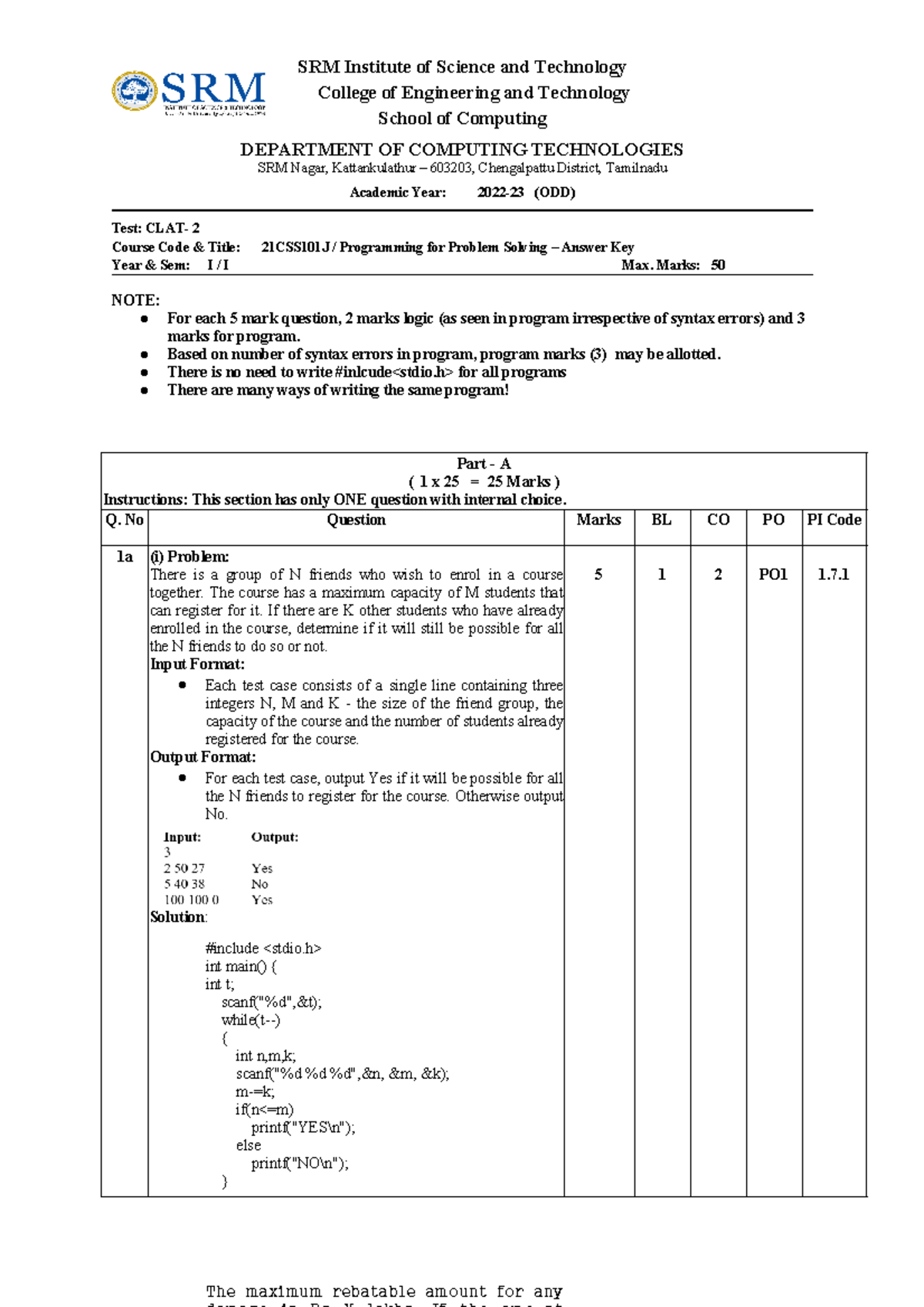 PPS CT2 - Prev year QP Set-3 - SRM Institute of Science and Technology College of Engineering ...