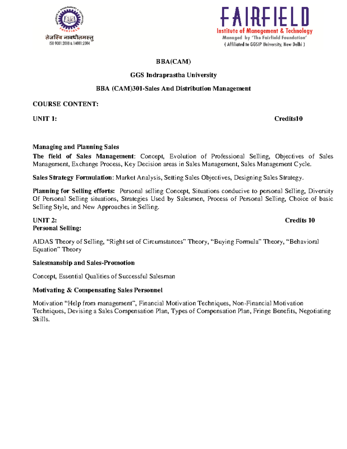 all unit notes of sales and distribution management - BBA(CAM) GGS ...