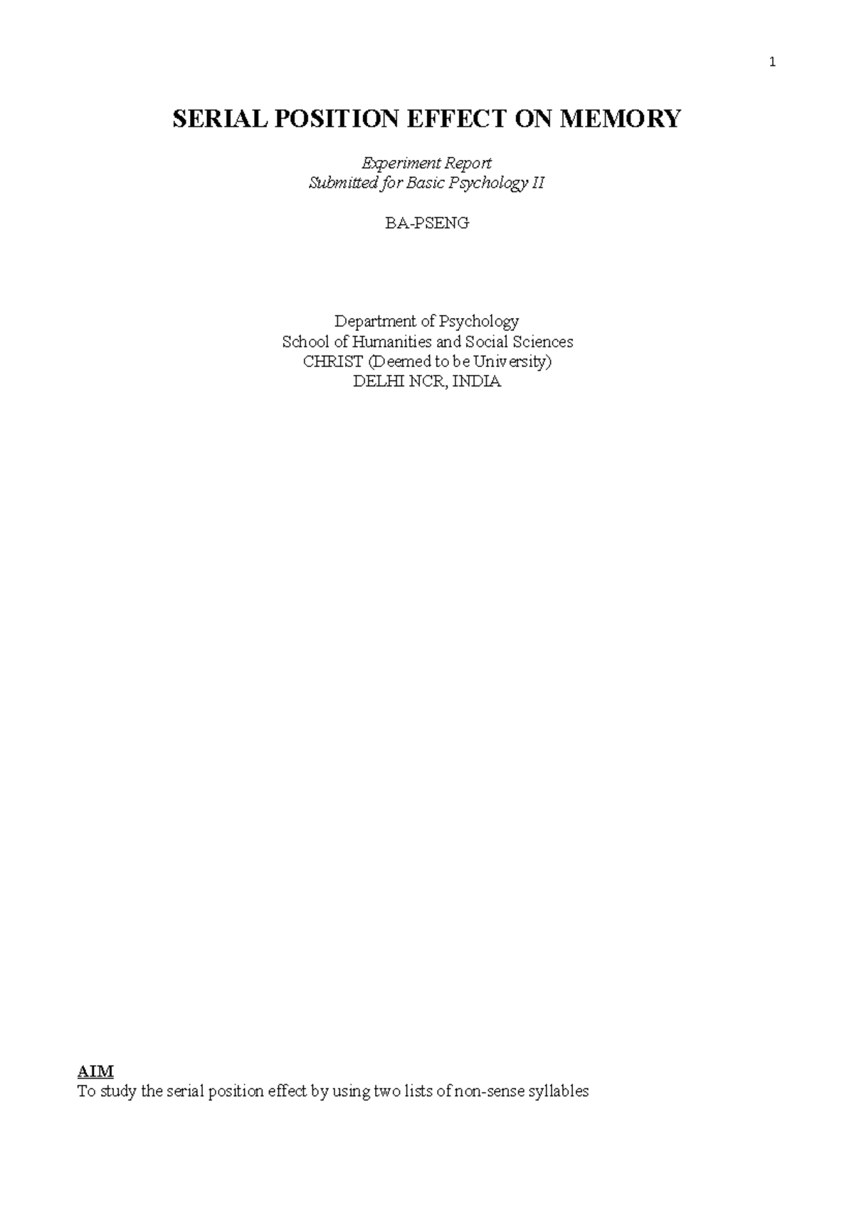 Serial Position Effect ON Memory - SERIAL POSITION EFFECT ON MEMORY ...